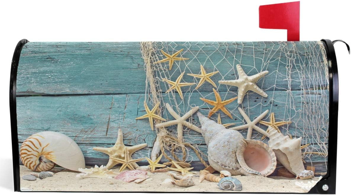 Welcome Summer Sea Shells Starfish on Blue Wooden Mailbox Covers ...
