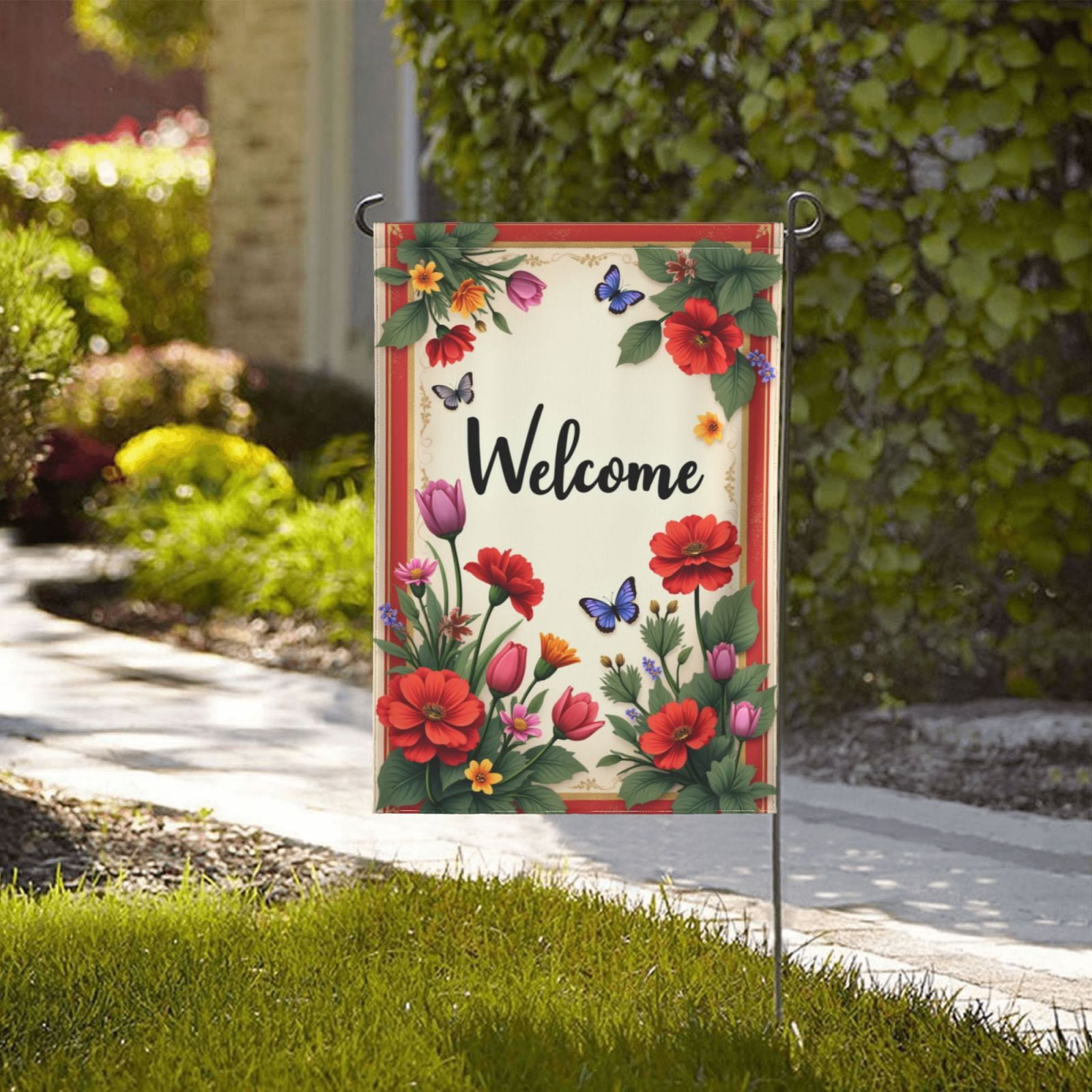 Welcome Summer Spring Floral Garden Flag Red Geranium Green Piant ...