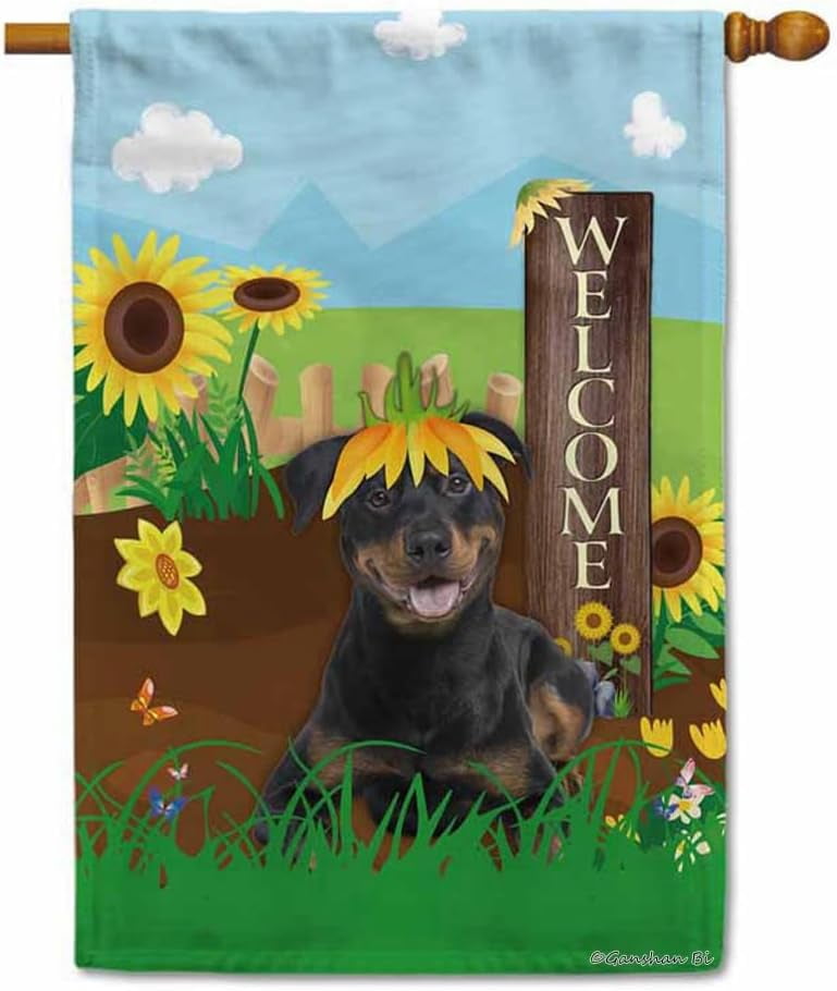 Welcome Summer Sunflower Dog House Flag Rottweiler on Country Farm ...