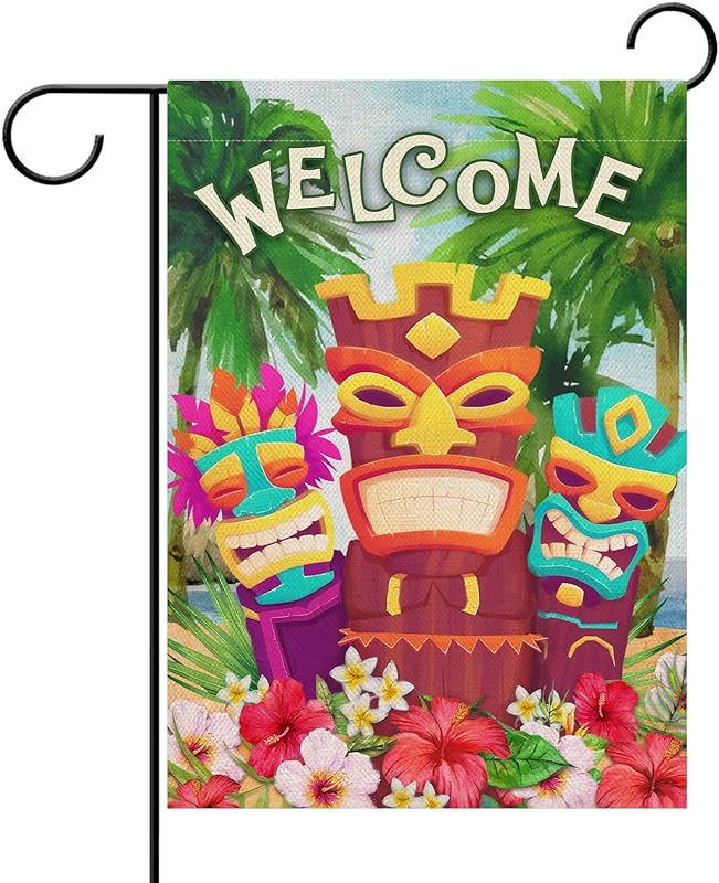 Welcome Summer Tiki Aloha Hibiscus Frangipani Flower Garden Flag ...