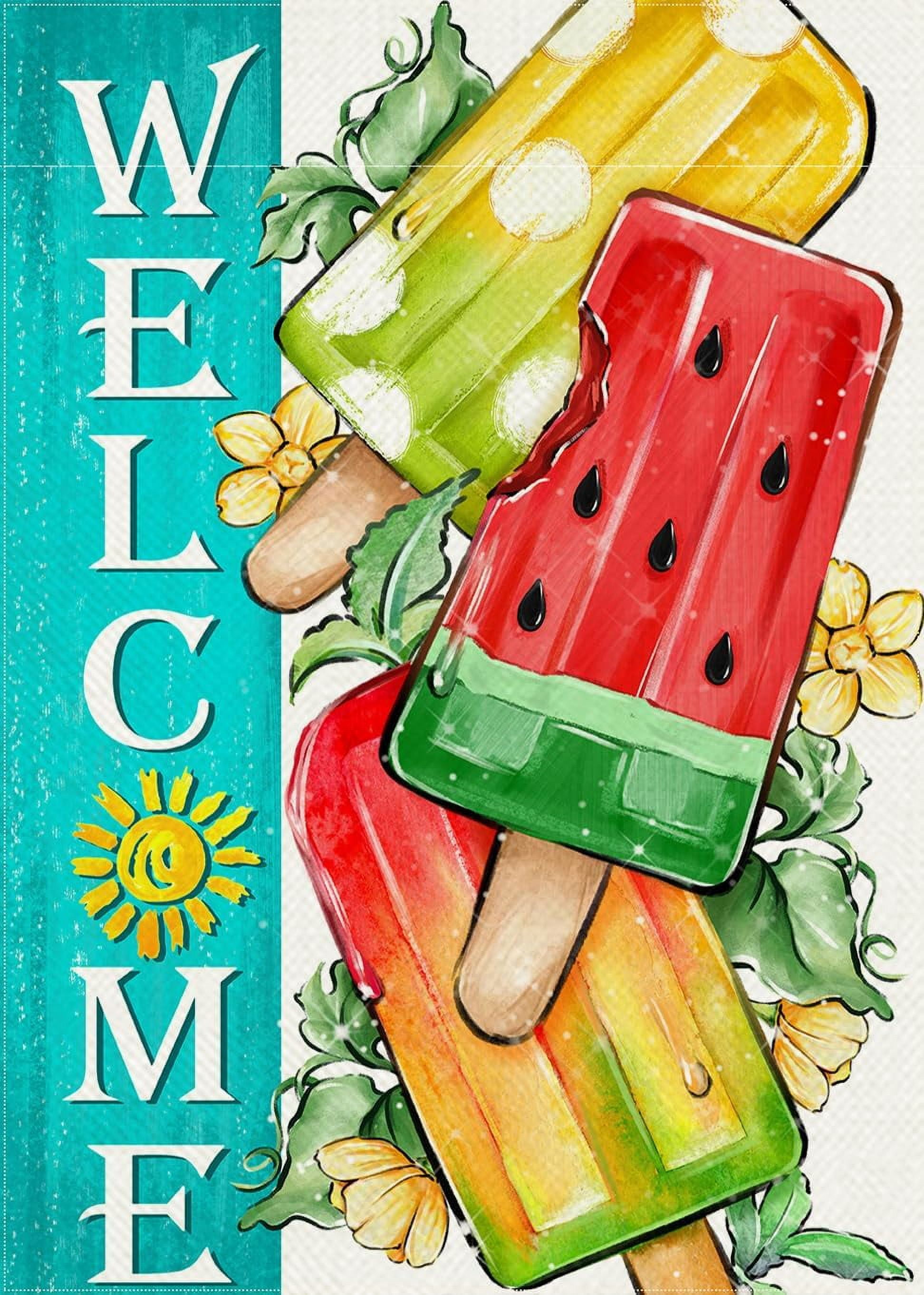 Welcome Summer Watermelon Popsicles Decorative Garden Flag, Sun Yellow ...