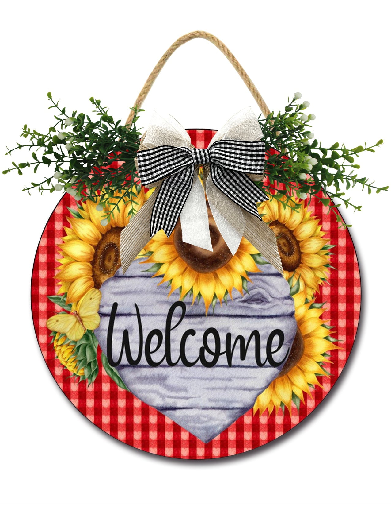 Welcome Sunflower Sign Front for Door Decoration, 11 in Round Wood ...