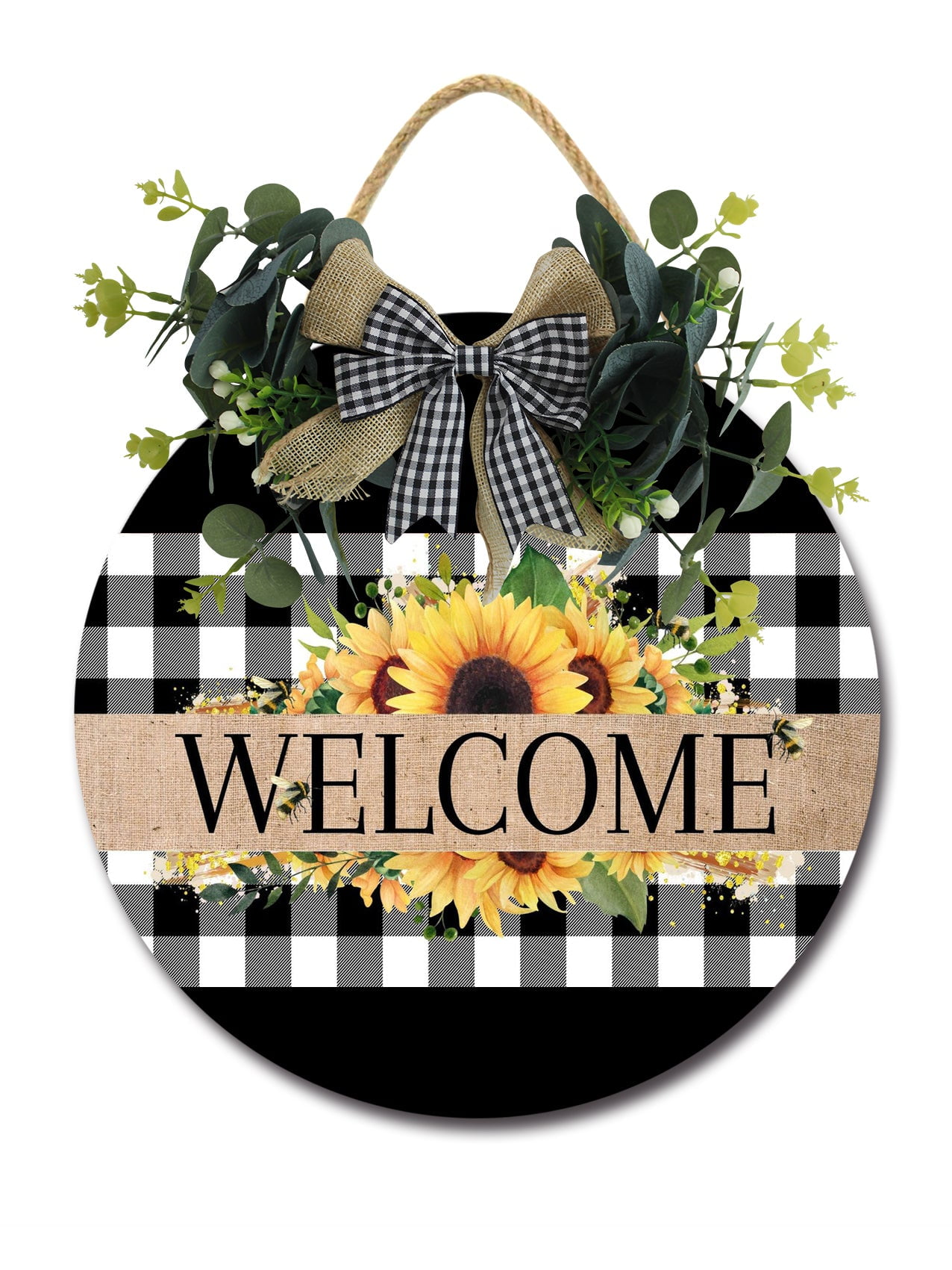 Welcome Sunflowers Sign Front Door Porch Decorations, Round Rustic Wood ...