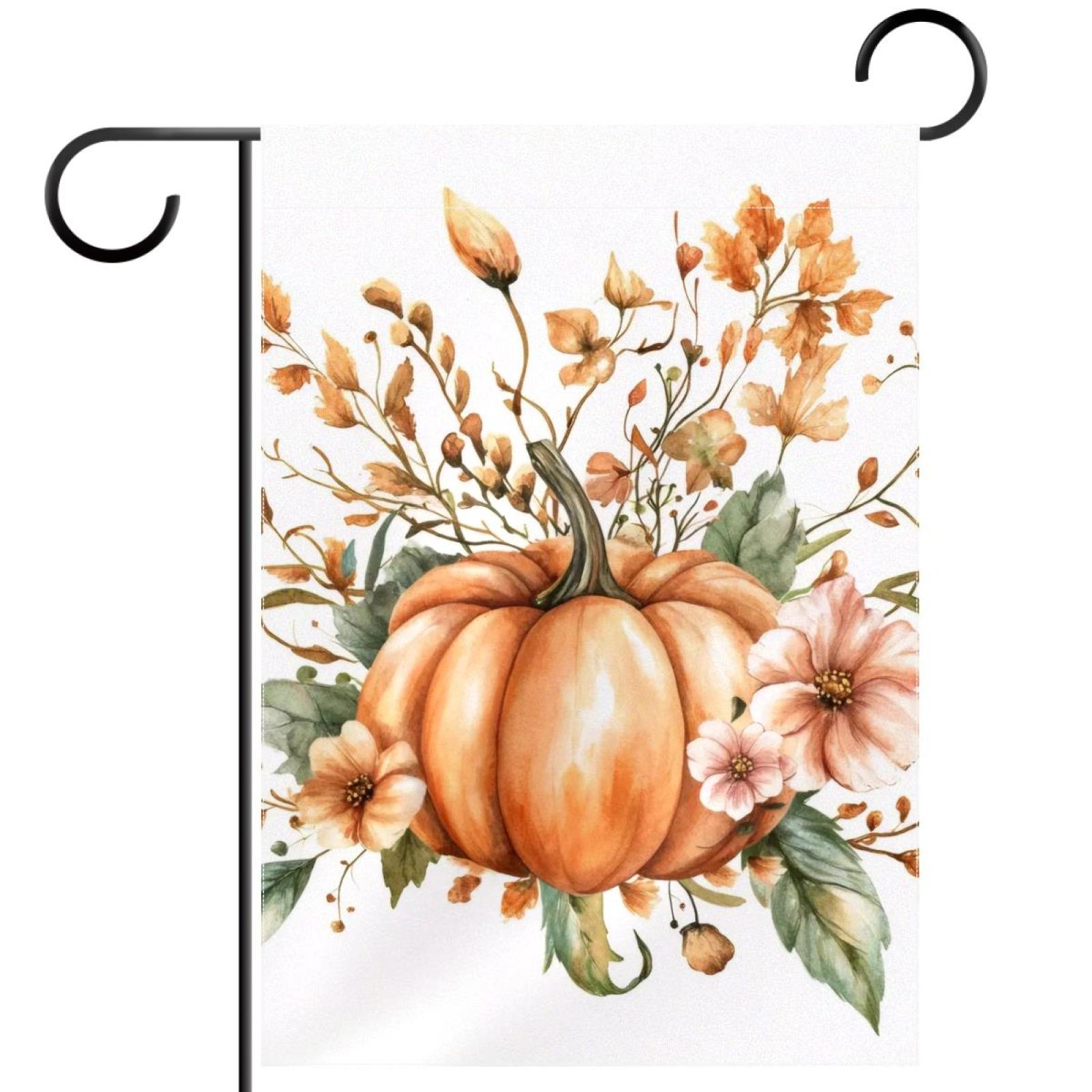 Welcome Thanksgiving Orange Pumpkin with Flowers and Leaves Garden Flag ...