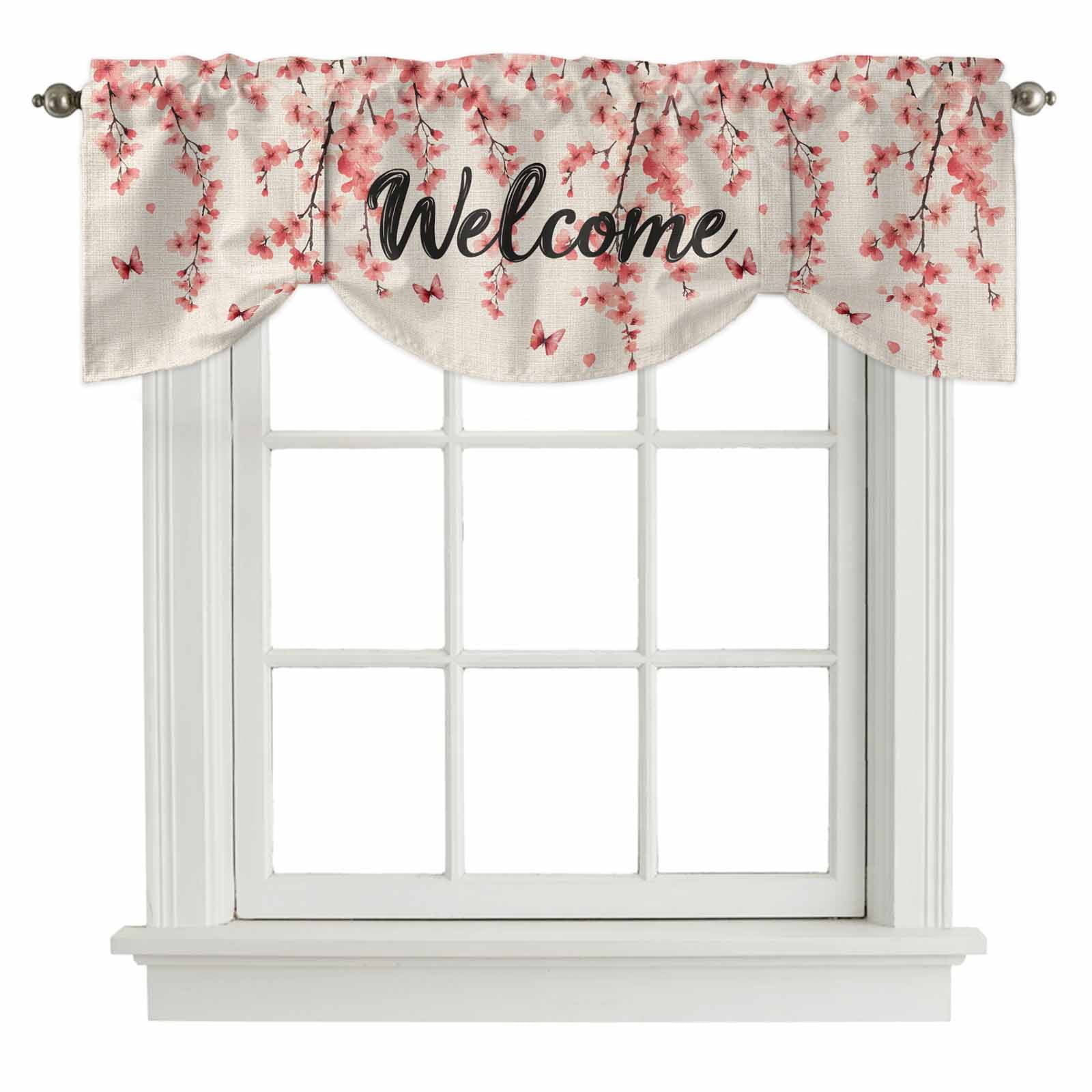 Welcome Tie Up Valance for Windows, Spring Watercolor Pink Cherry ...