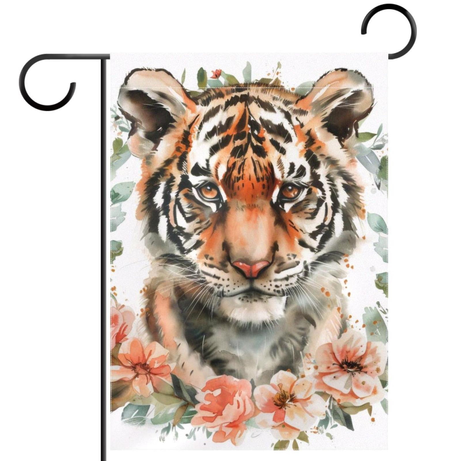 Welcome Tiger with a Wreath of Flowers Garden Flag, Vertical Double ...