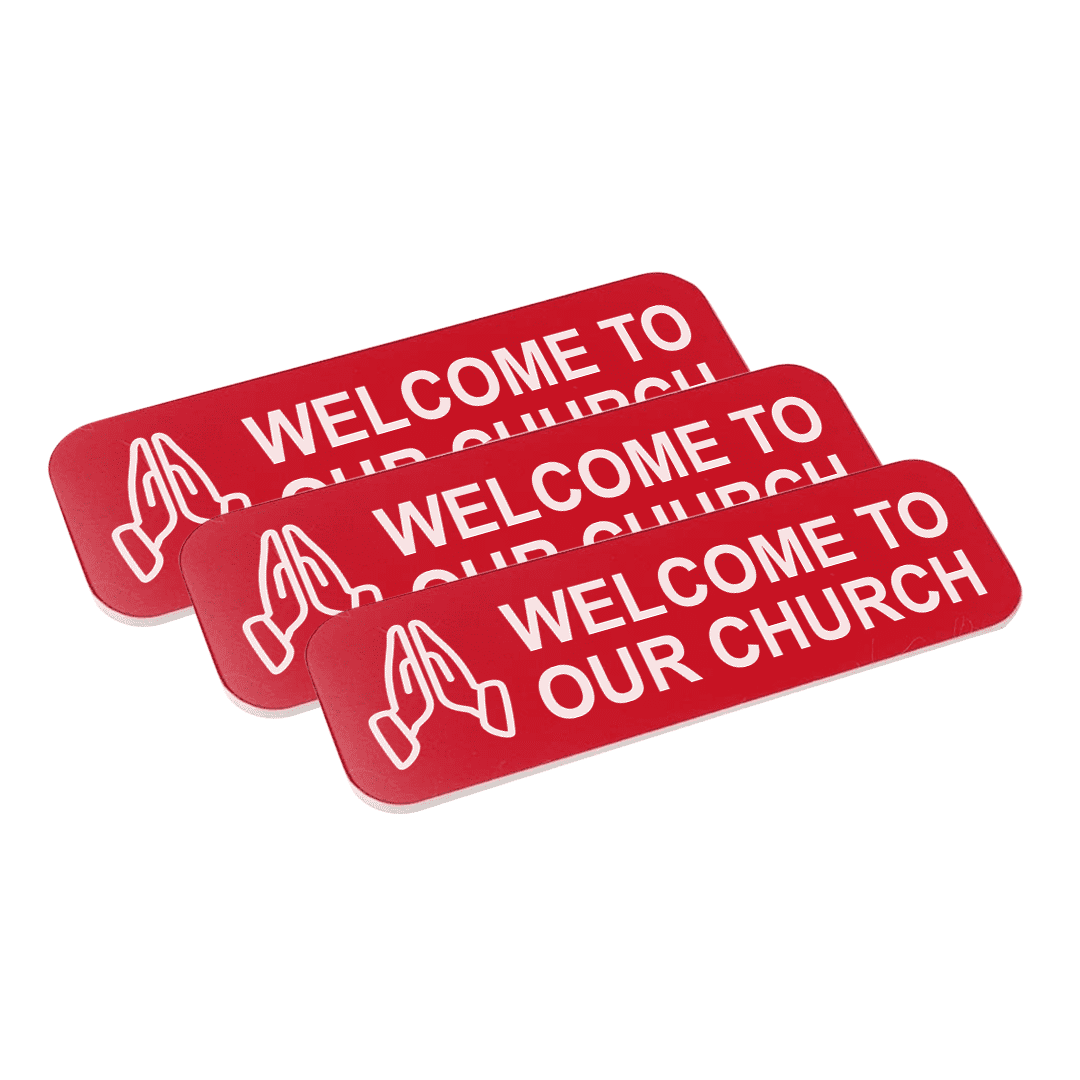 Welcome To Our Church 1 x 3" Name Tag/Badge, Red, Praying Hands Design ...