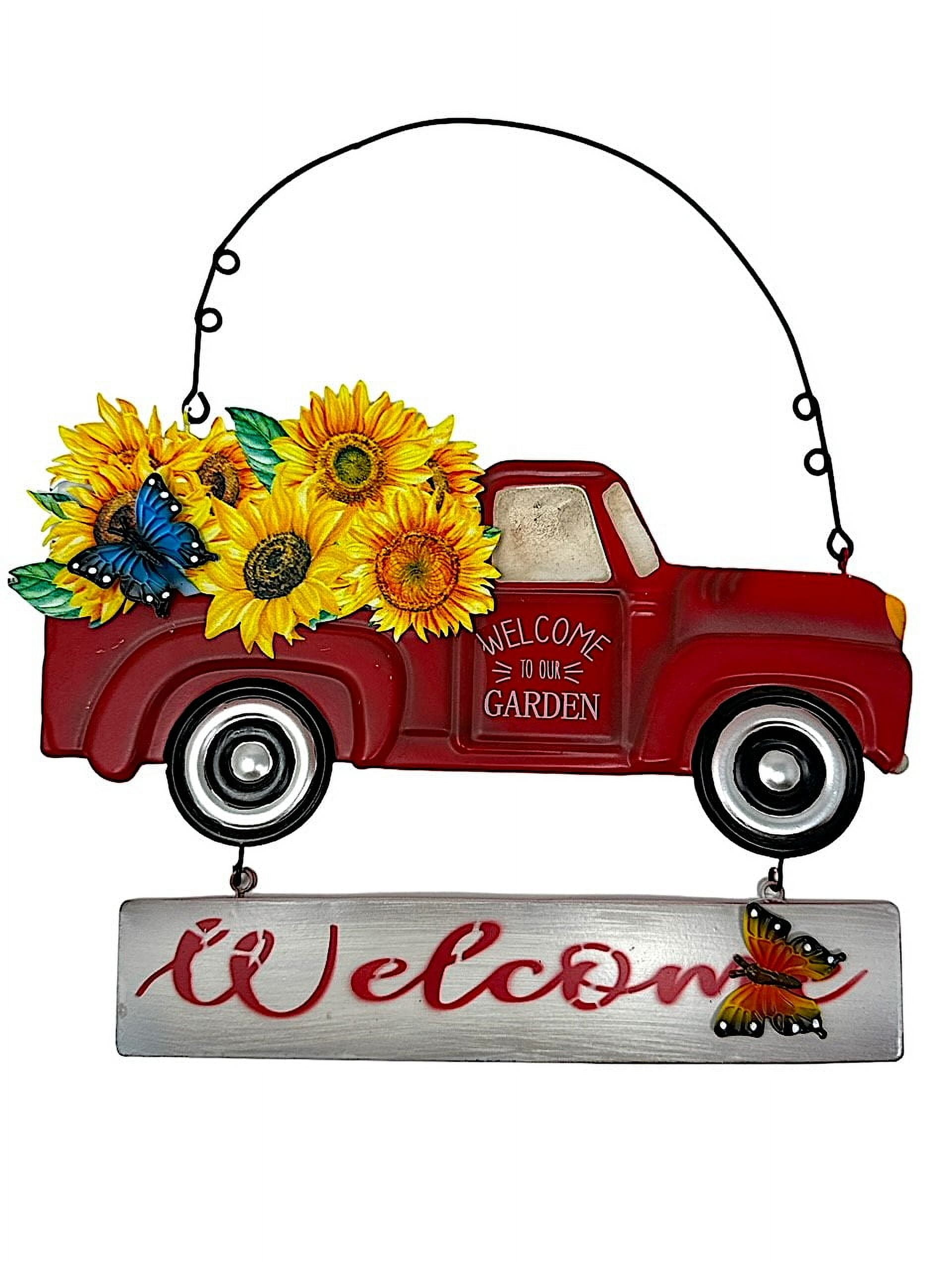 Welcome To Our Garden Red Metal Pick Up Truck Sign With Flowers For ...