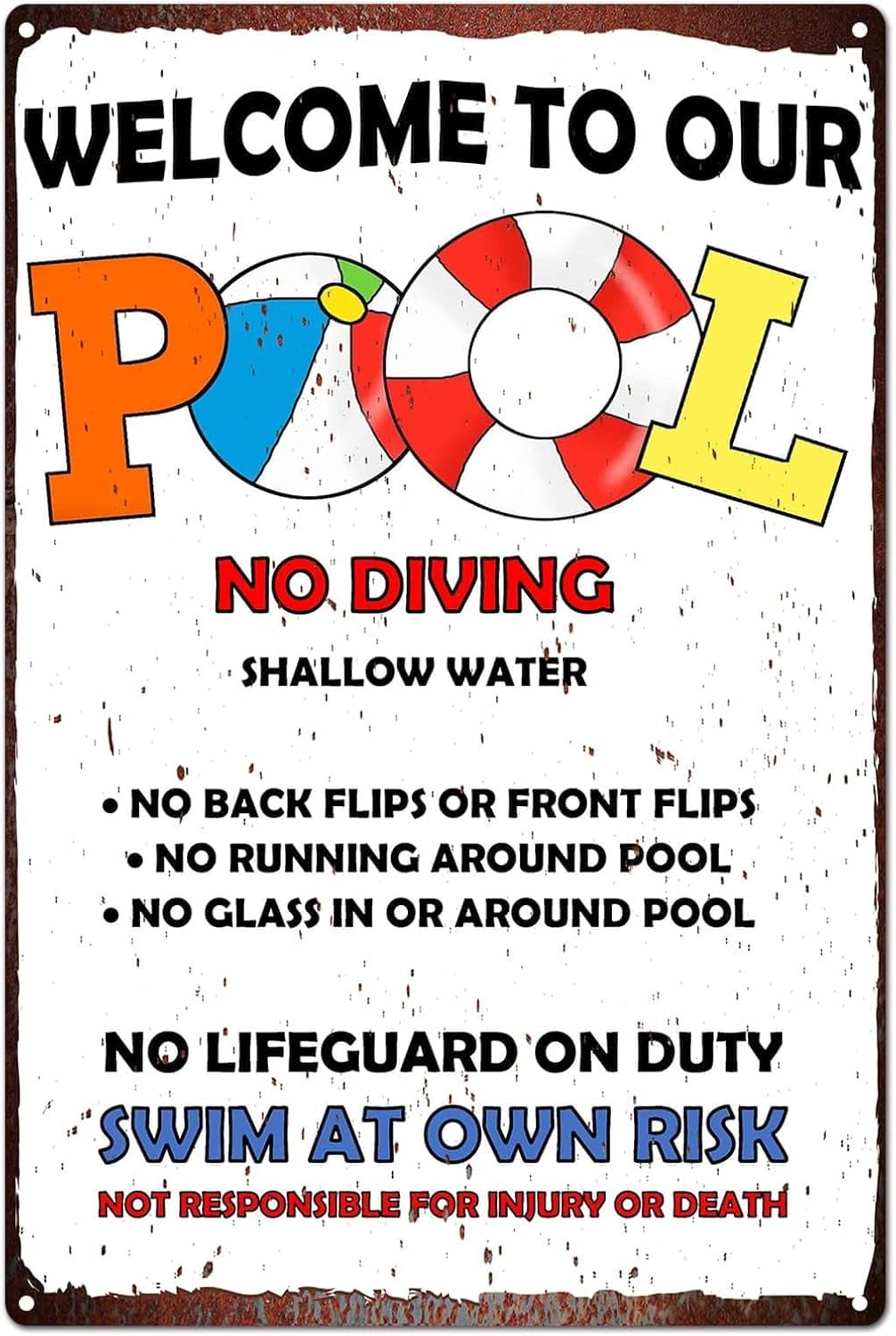 Welcome To Our Pool Metal Tin Sign, Pool No Diving Shallow Water Art ...