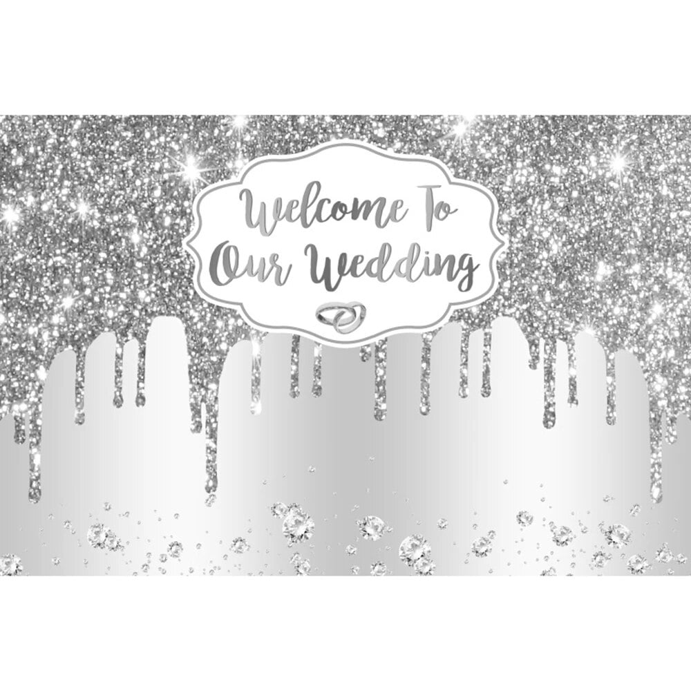 Welcome To Our Wedding Party Poster Stage Backdrop Glitter Silver ...