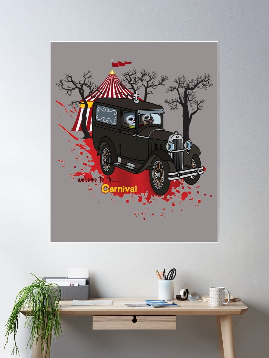 Welcome To The Carnival - Scary Clowns In Retro Car Poster Wall Art ...