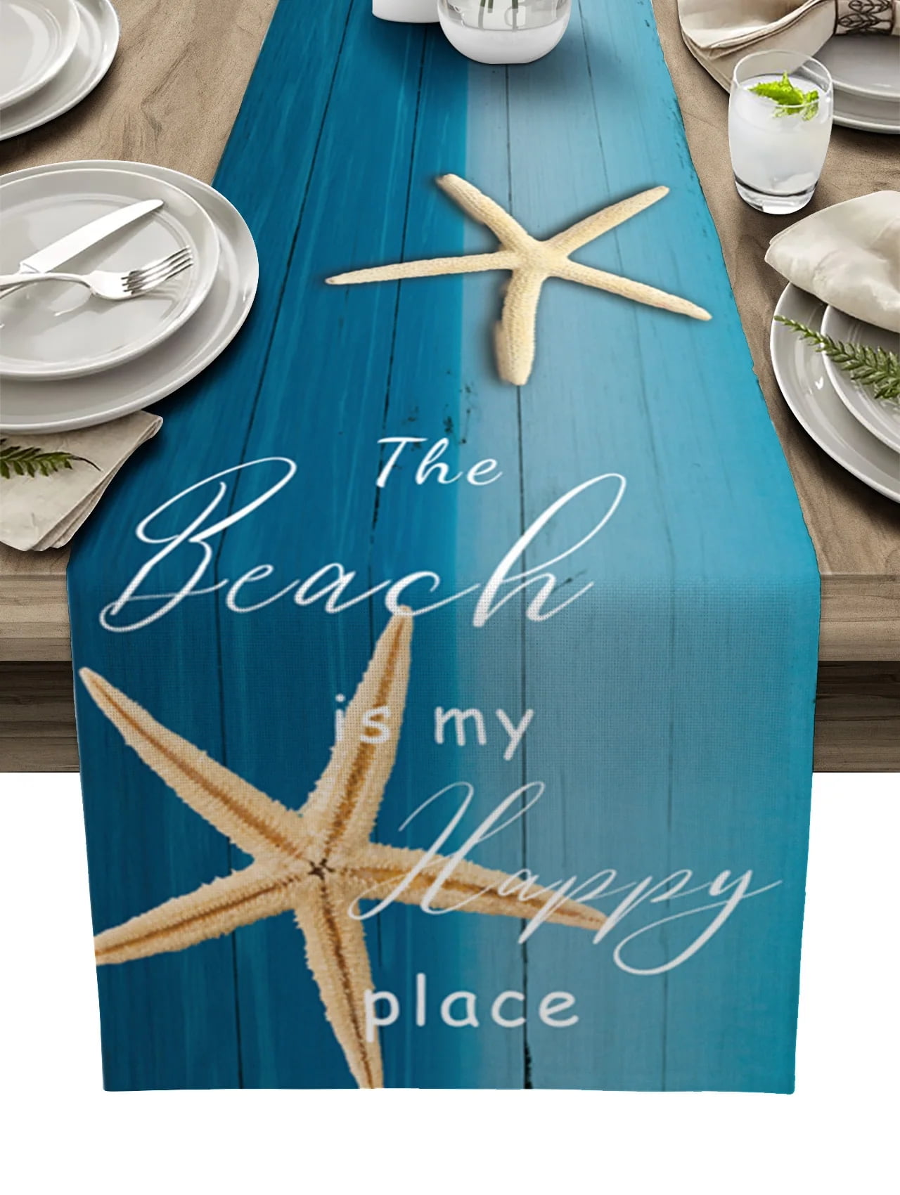 Welcome To The Sea Beach Star Shell Blue Linen Table Runners Dresser ...