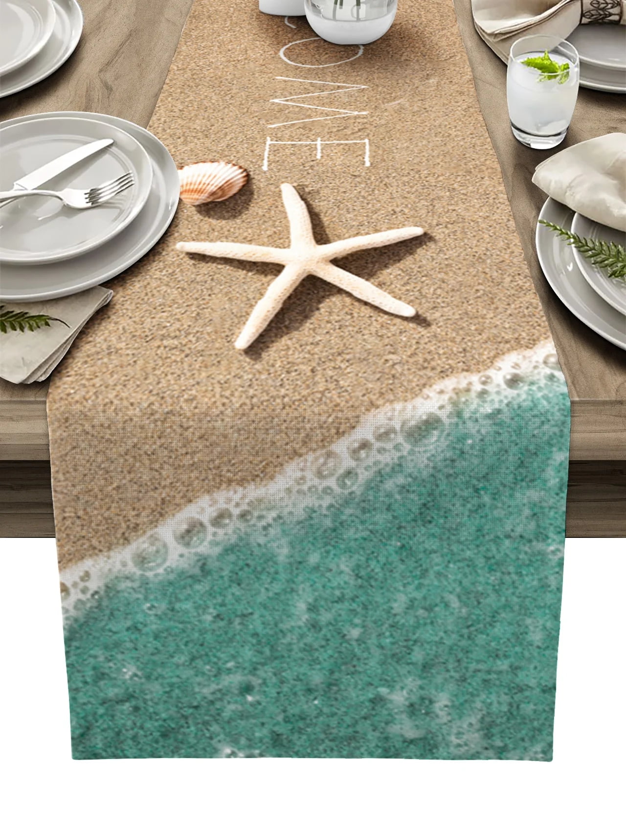 Welcome To The Sea Beach Star Shell Blue Linen Table Runners Dresser ...