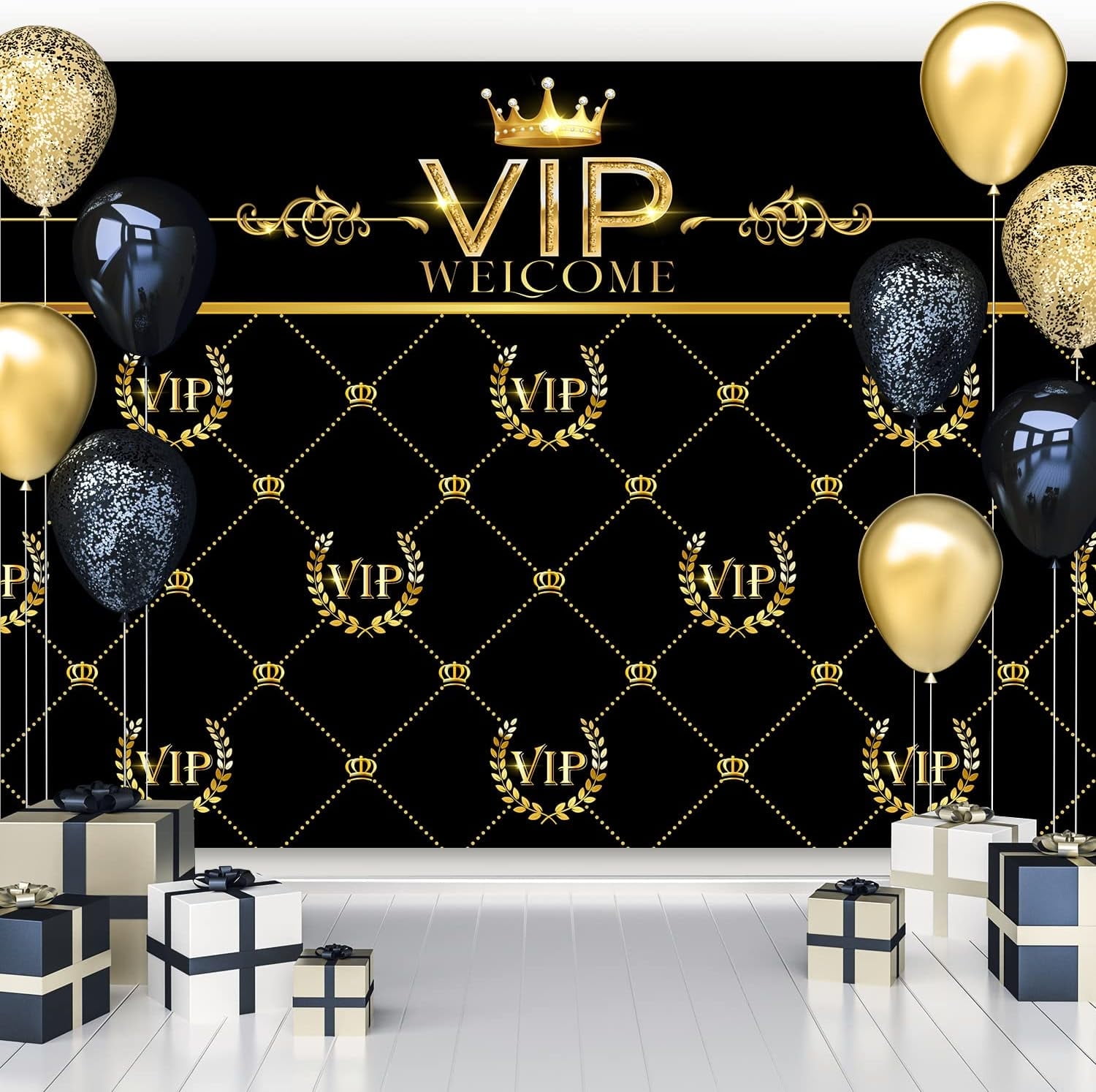Welcome VIP Backdrop Royal Crown Celebrity Black Gold Theme Baby Shower ...
