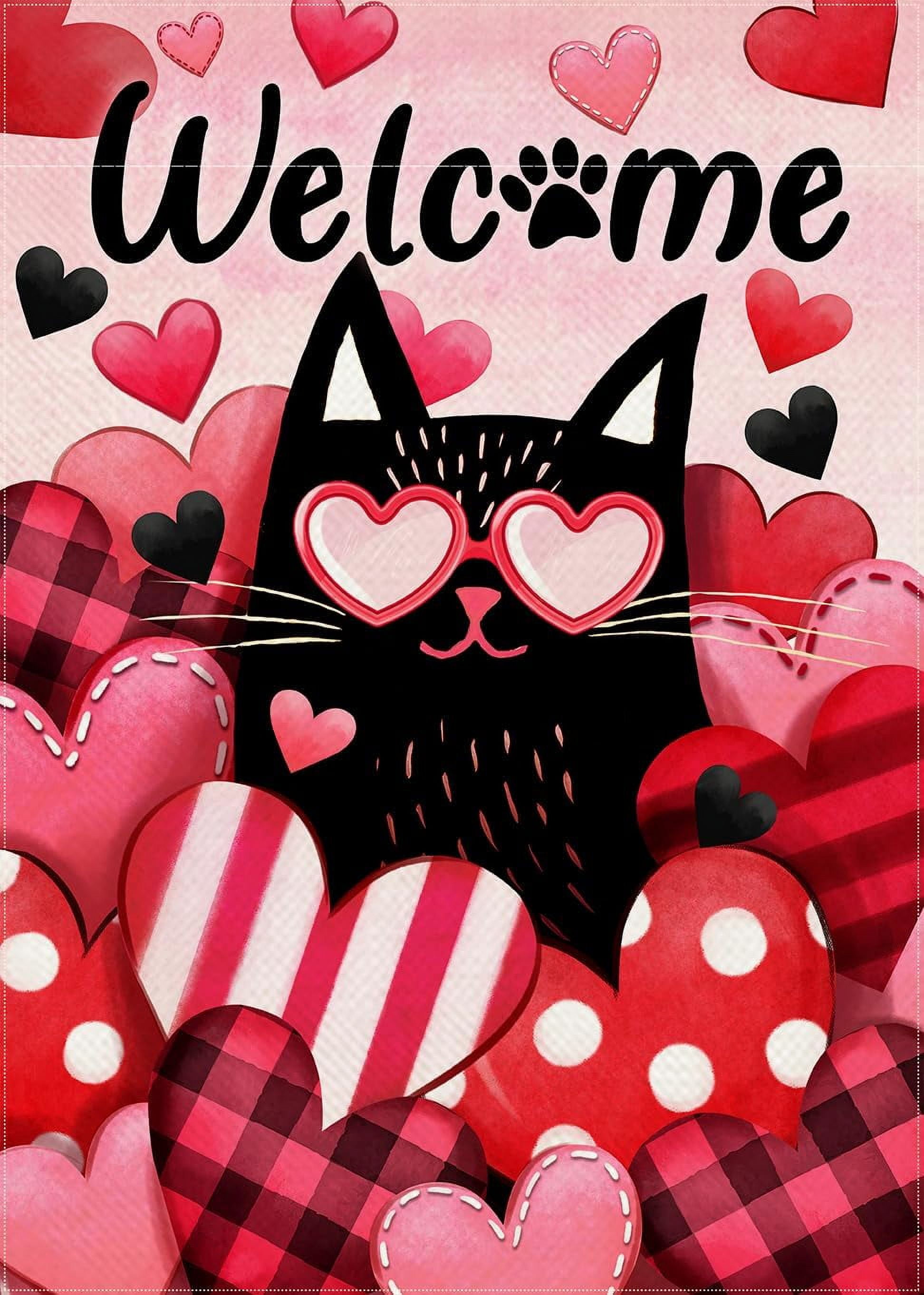 Welcome Valentine's Day Black Cat Decorative Garden Flag, Kitty Red ...
