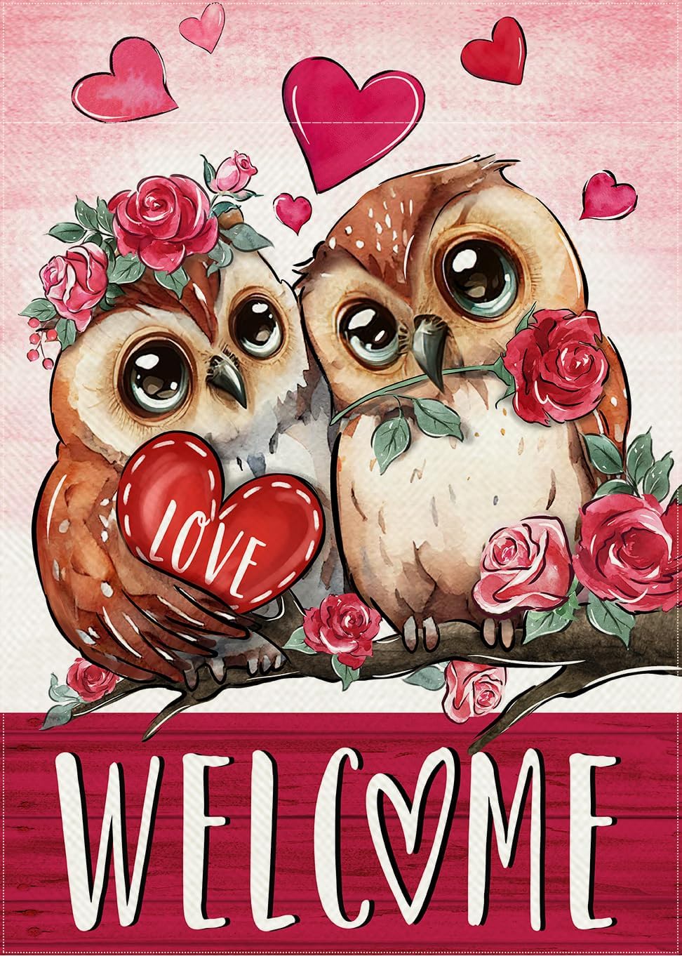 Welcome Valentine's Day Owl Bird Decorative Garden Flag, Red Pink Love ...