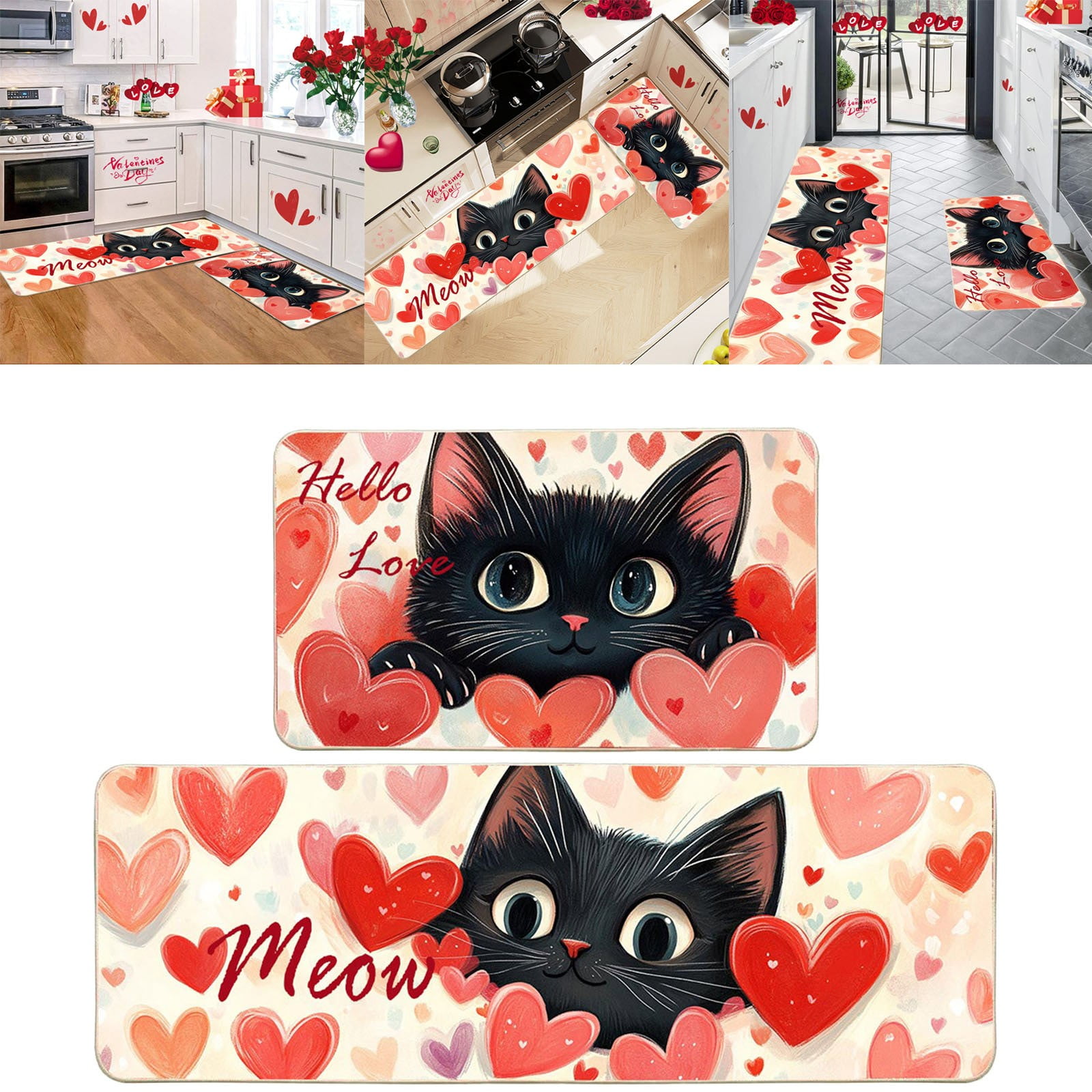 Welcome Valentines Day Black Cat Kitchen Rugs Set of 2,Love Hearts ...