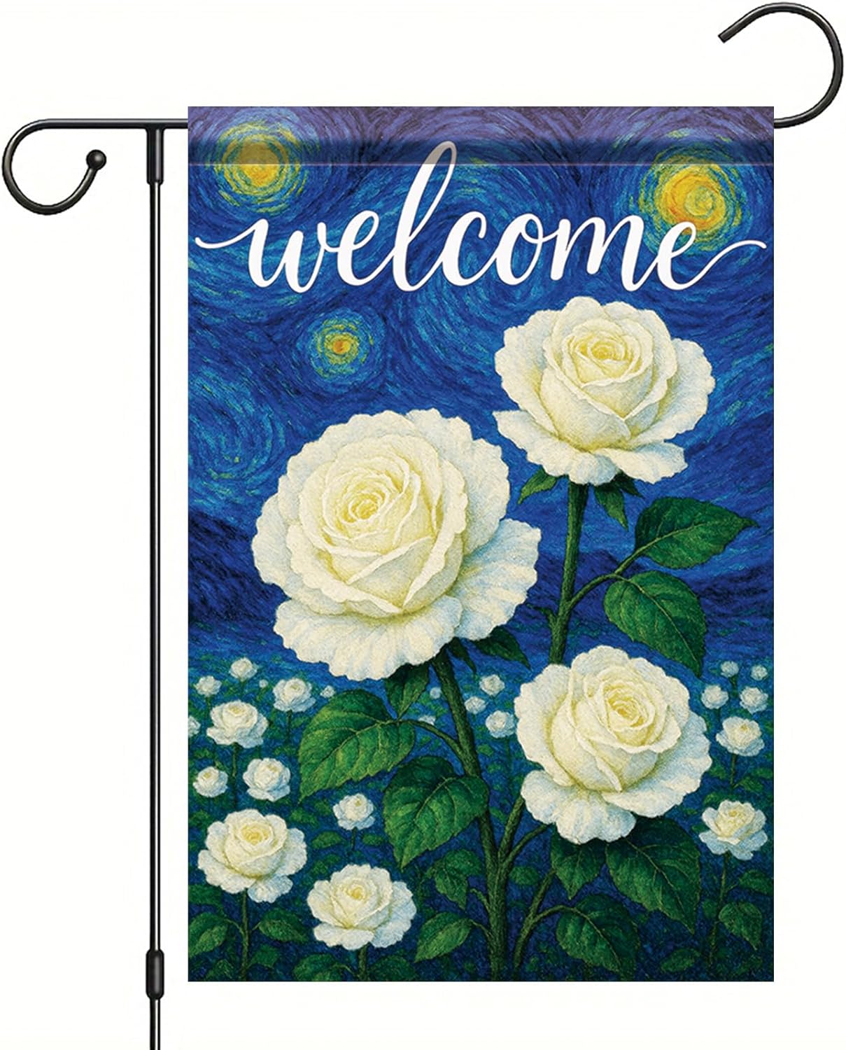 Welcome Van Gogh Garden Flag Starry Sky White Rose Flower Floral Yard ...