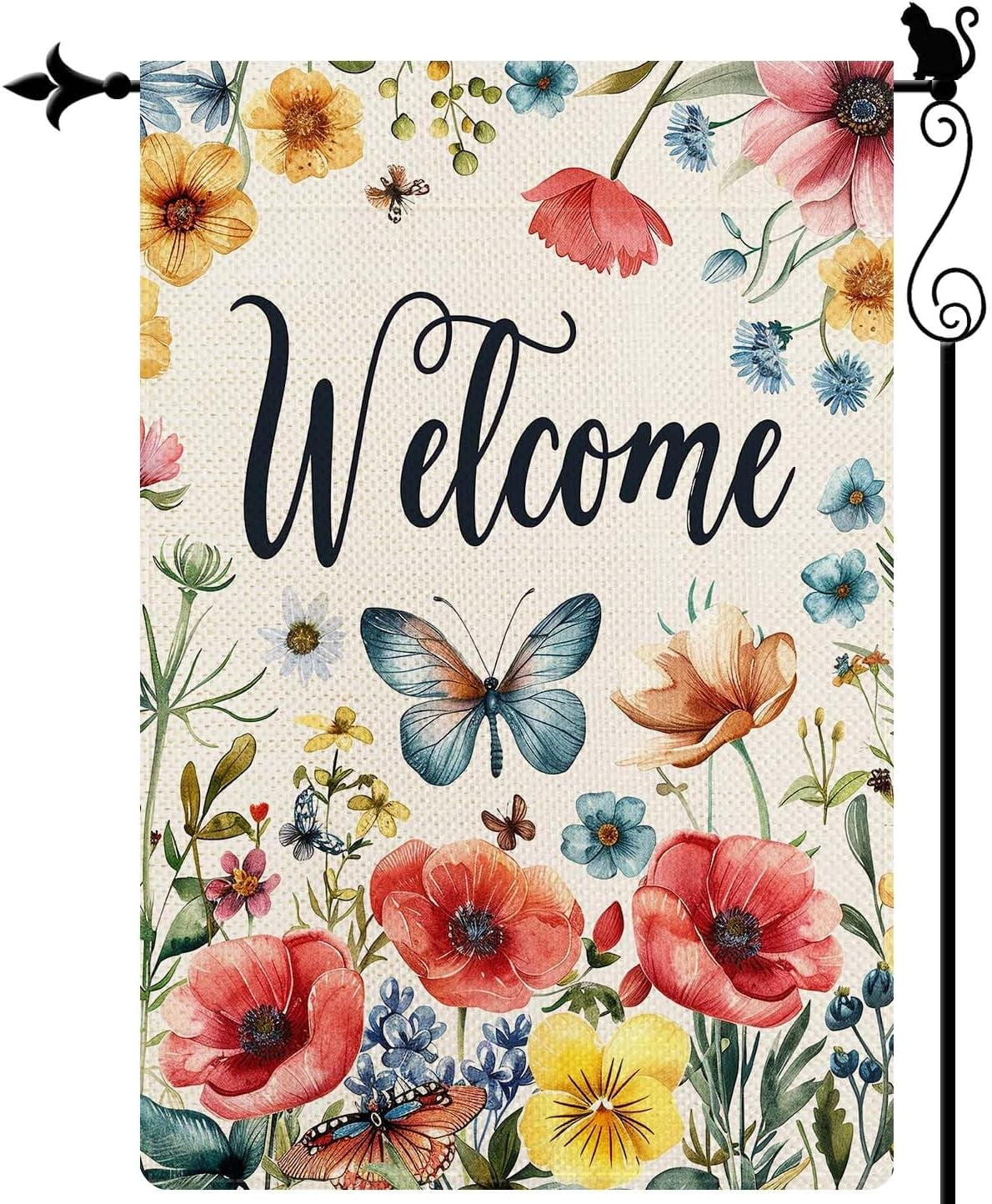 Welcome Watercolor Colorful wildflowers Butterflies Spring Garden Flag ...