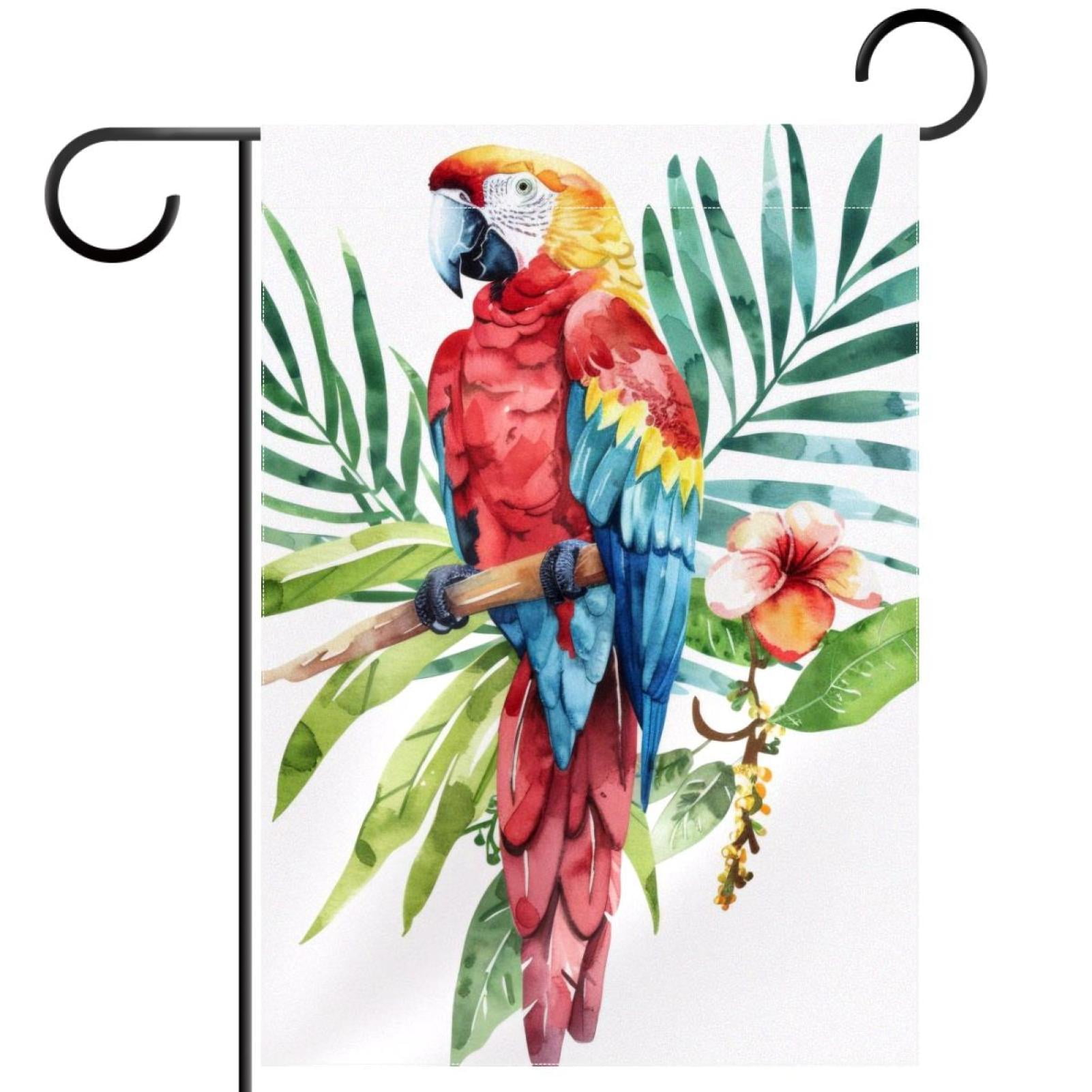 Welcome Watercolor Parrot Tropical Plant Leaf Pattern Garden Flag ...