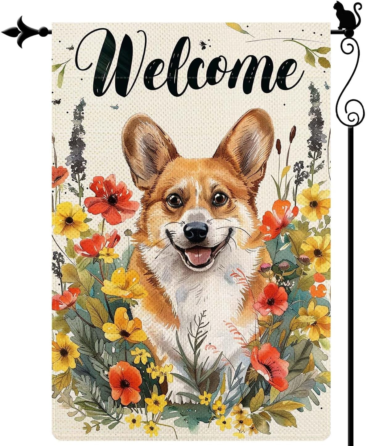 Welcome Watercolor Smiling Corgi Wildflowers Spring Garden Flag ...