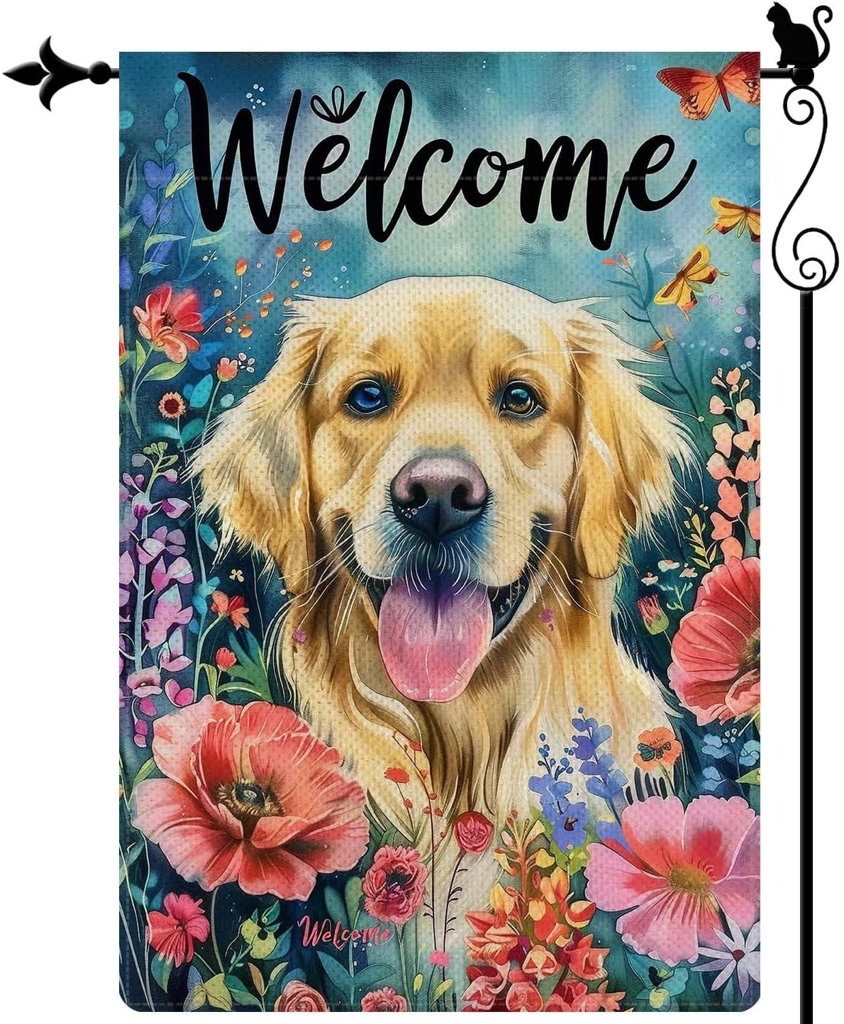 Welcome Watercolor Smiling Corgi Wildflowers Spring Garden Flag ...
