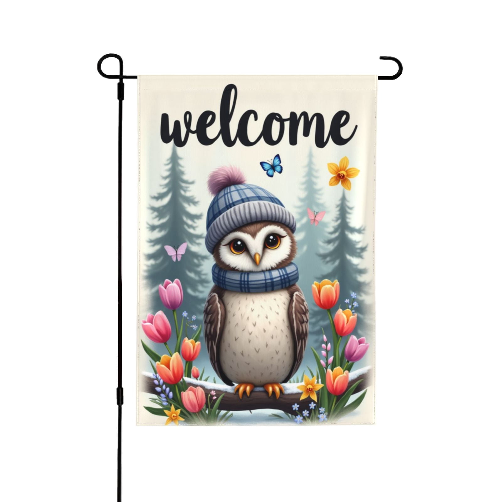 Welcome Winter Owl Garden Flag 12x18 Inch Double Sided Cute Owl In Hat ...
