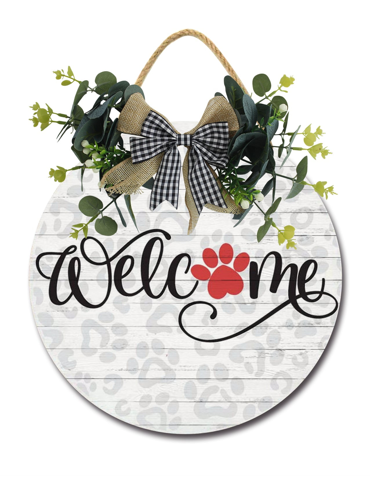 Welcome With Paw Print Door Sign Home Decor Round Wood Wreaths Wall ...