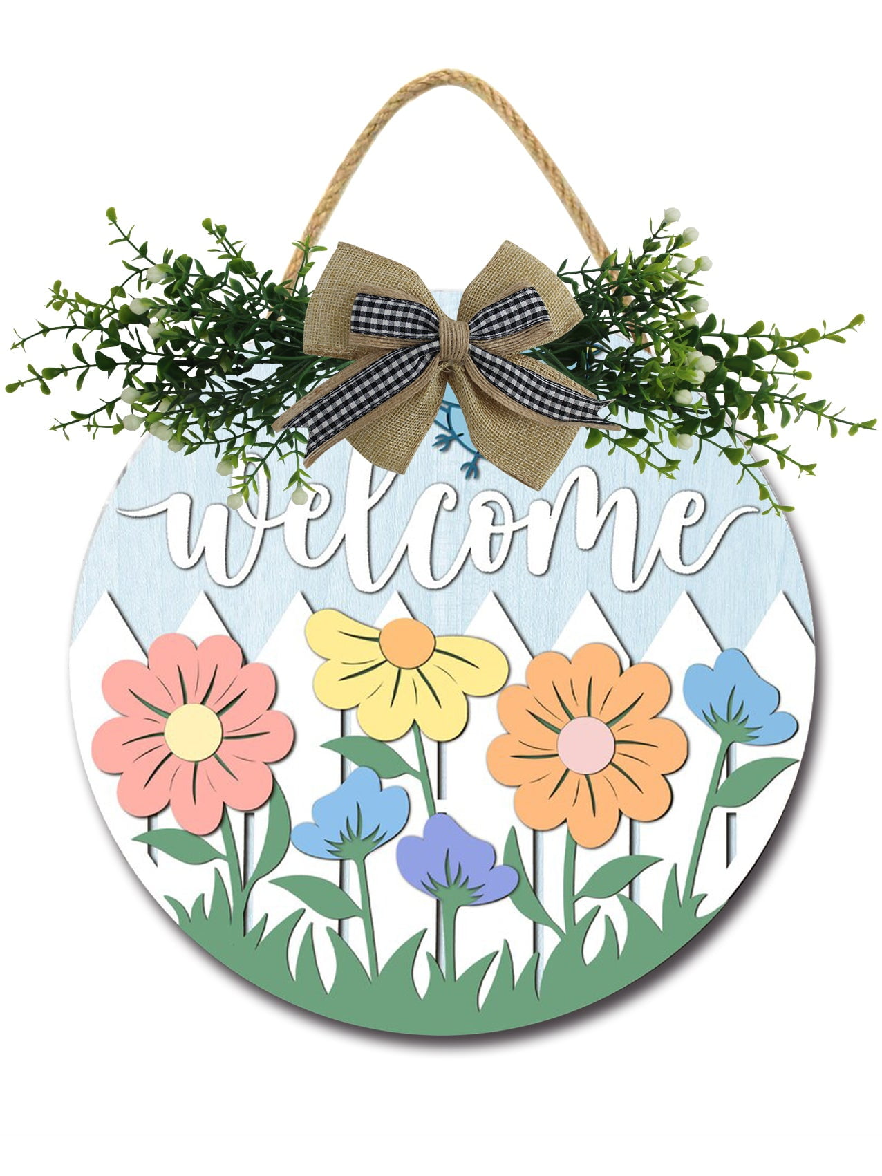 Welcome Wooden Front Door Sign Rustic Round Wreath Wall Hanger Porch ...