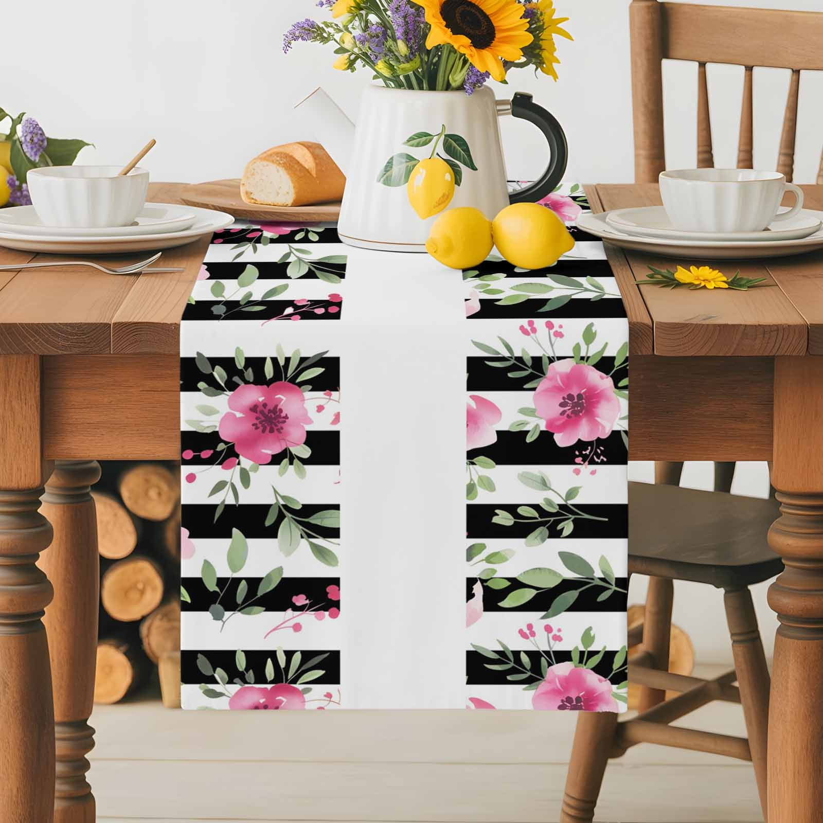 Welcome Words Pink Flowers Table Runners 13x36 Inches Long Linen Burlap ...