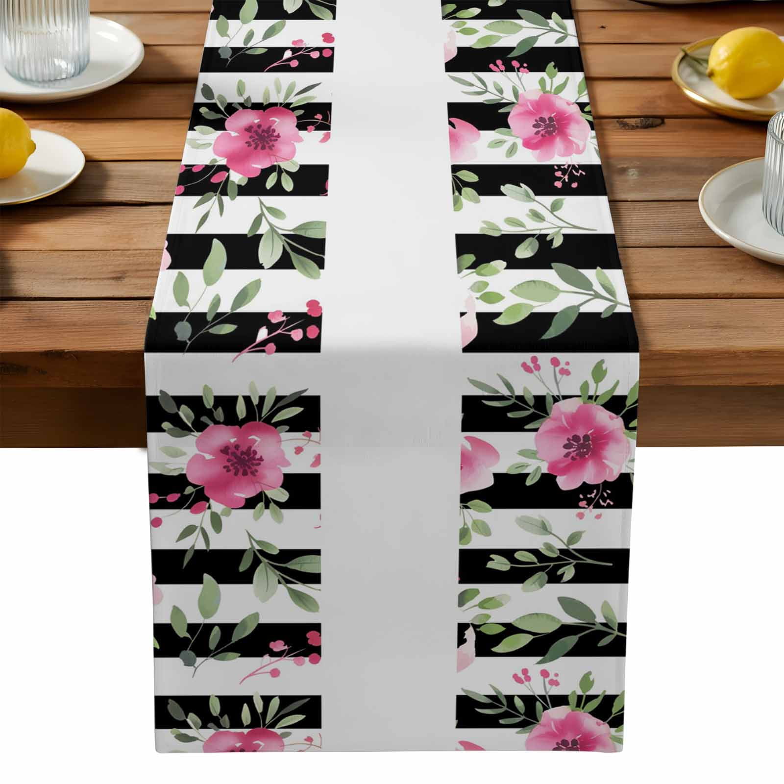 Welcome Words Pink Flowers Table Runners 13x70 Inches Long Linen Burlap ...