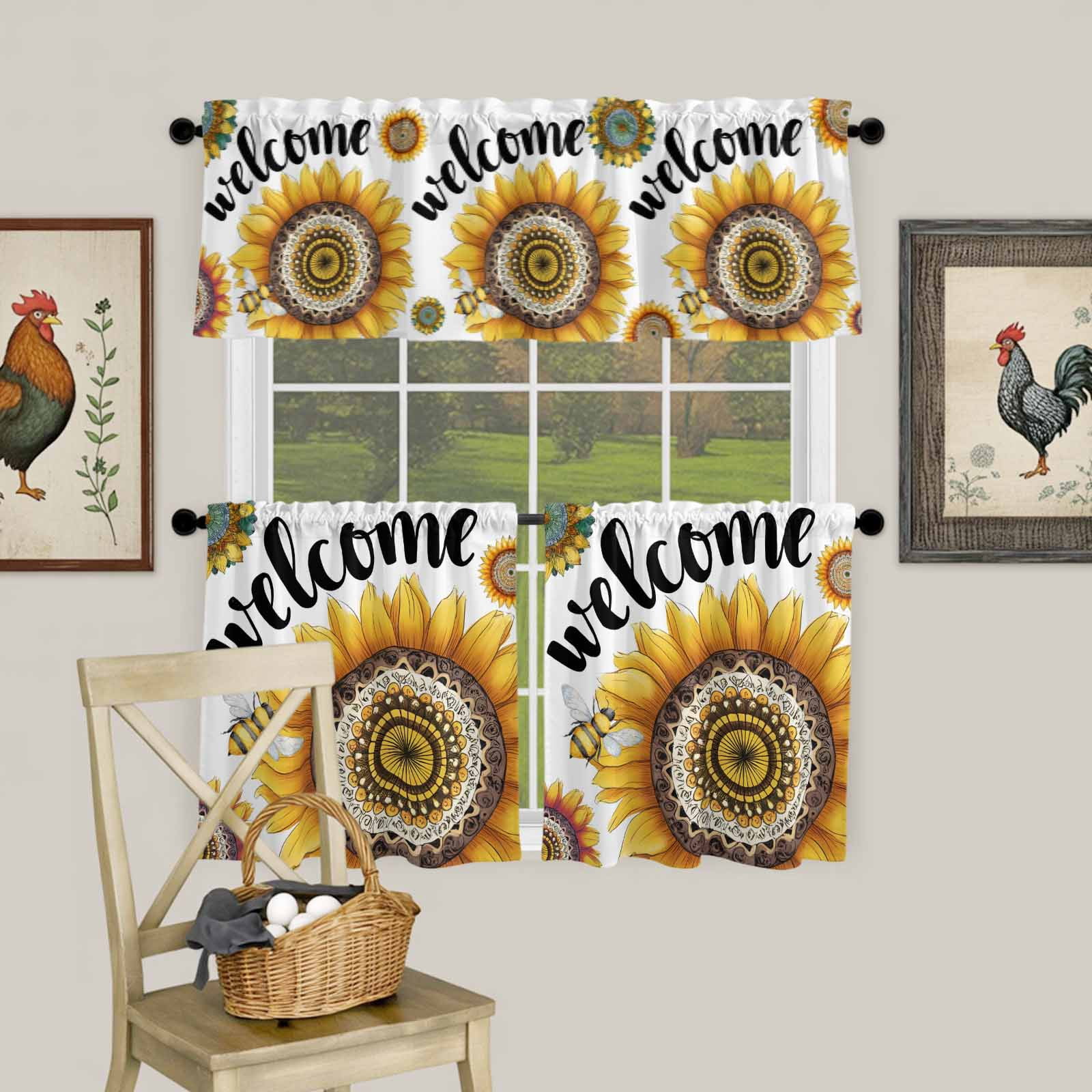 Welcome Words Sunflowers Bee Curtain Tier and Valance Set 3 Piece ...