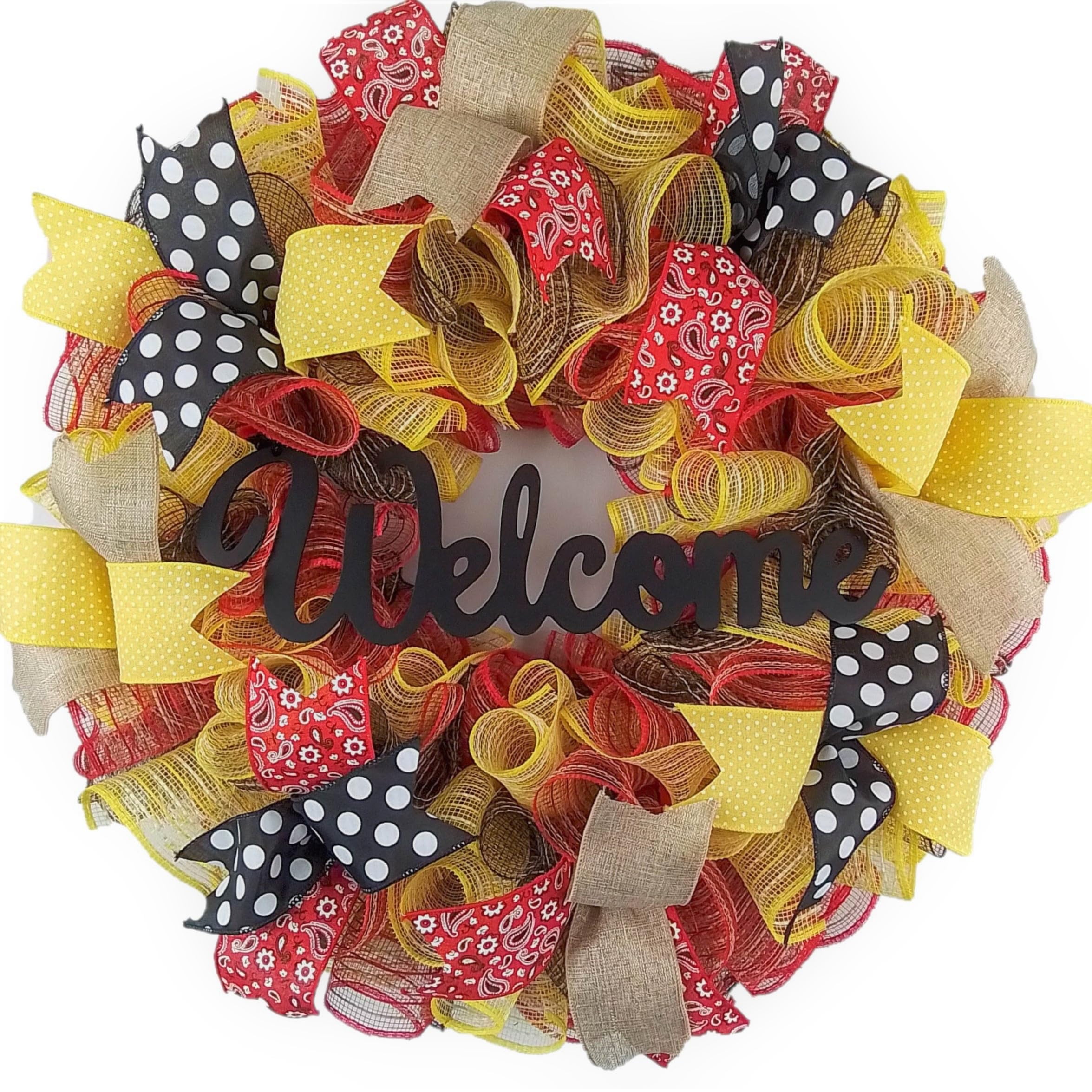Welcome Wreath - Summer Wreath - Spring Mesh Front Door Decor - Black Jute Red Yellow Burlap P8 ...