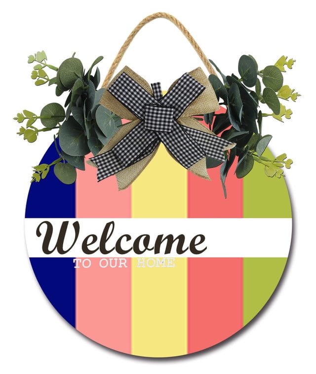 Welcome Wreaths Decor Sign Front Door, Round Wood Hanging Sign with ...