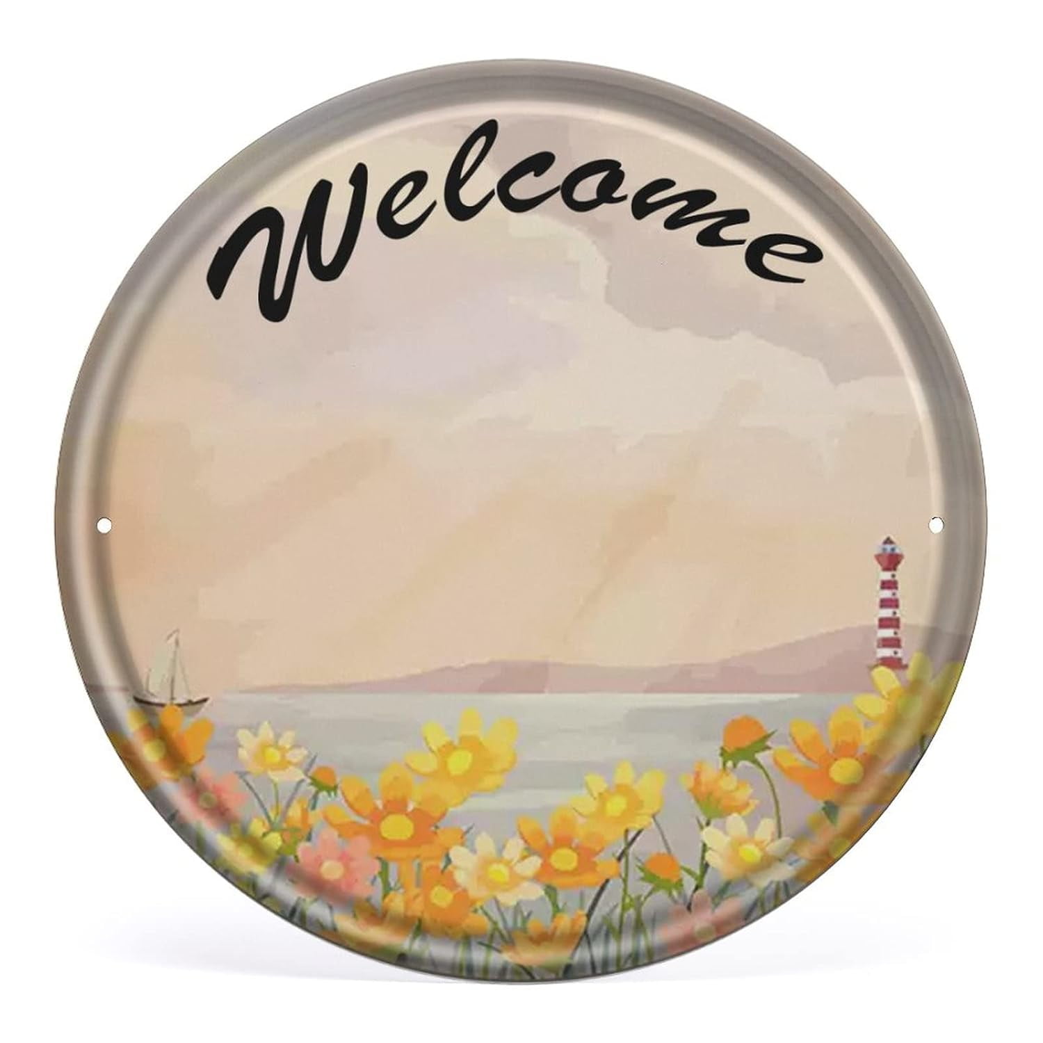 Welcome Yellow pink flower Garden Decor New Vintage Retro Round Metal ...