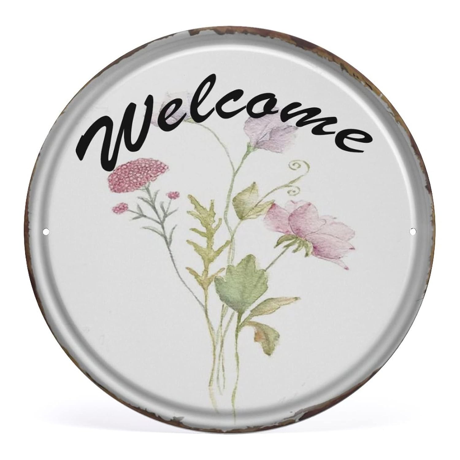 Welcome sign PINK RED PURPLR FLOWER DECOR Retro Style Round Tin Sign ...