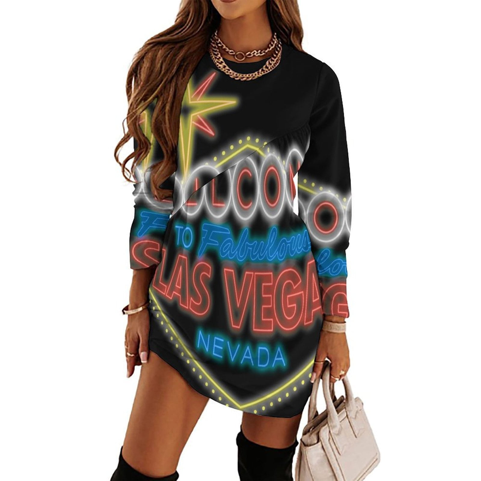 Welcome to Las Vegas sign digital drawing night Long Sleeved Dress ...