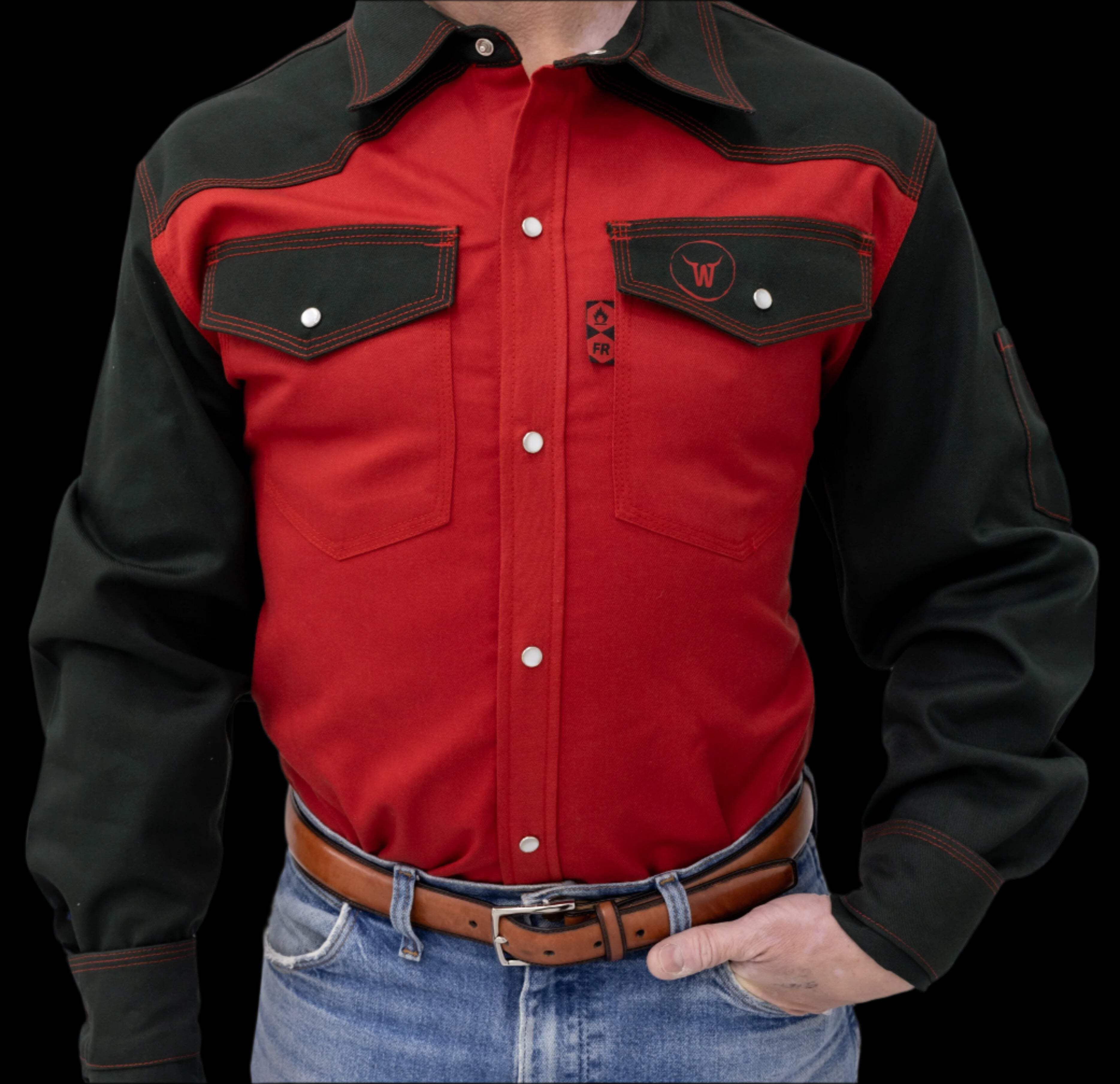 Weld-A-Beast Button-up Cowboy Style Welding Shirt- Red/Black - Walmart.com