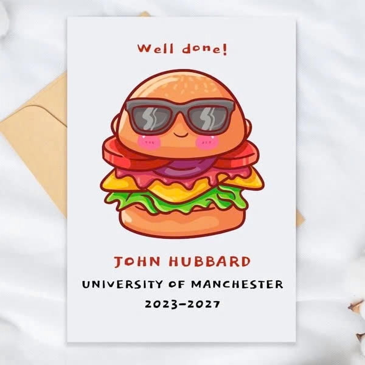 Well Done Graduation Card for University of Manchester - Cute Hamburger Design - Personalized ...