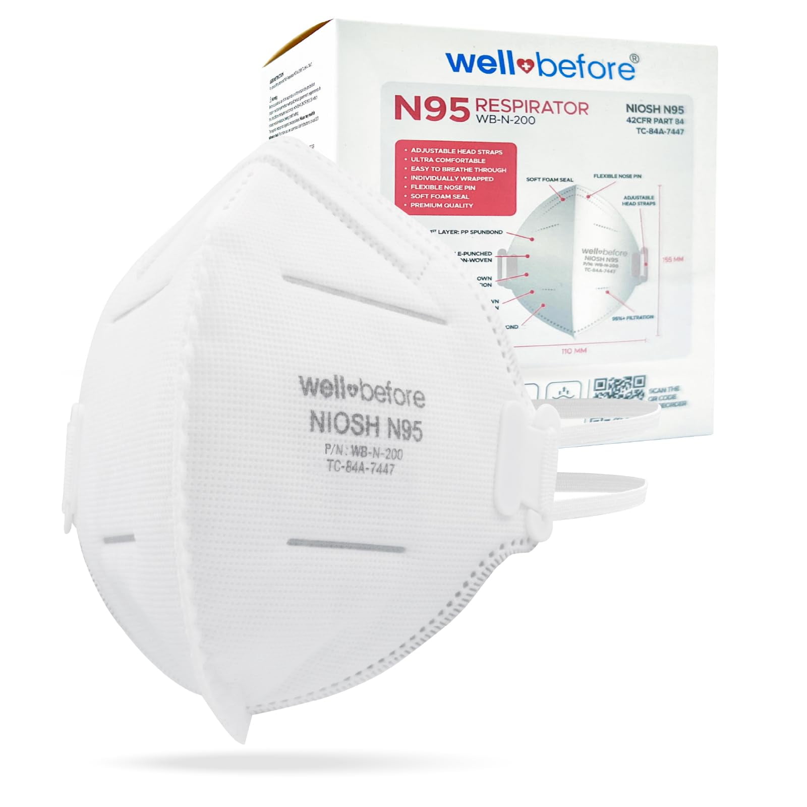 Well Before N95 Mask - NIOSH Approved (White, Pack of 20), Lightweight design, Breathable and ...