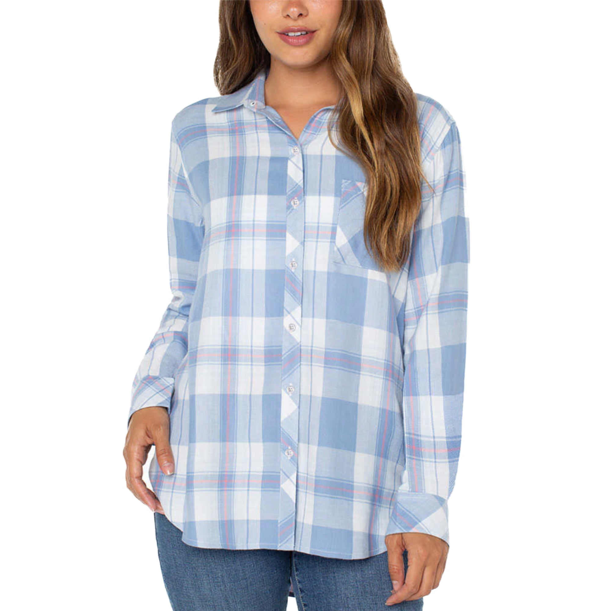 Well Worn Women's' Long Sleeve Classic Plaid Button-Up Shirt-Blue / L ...