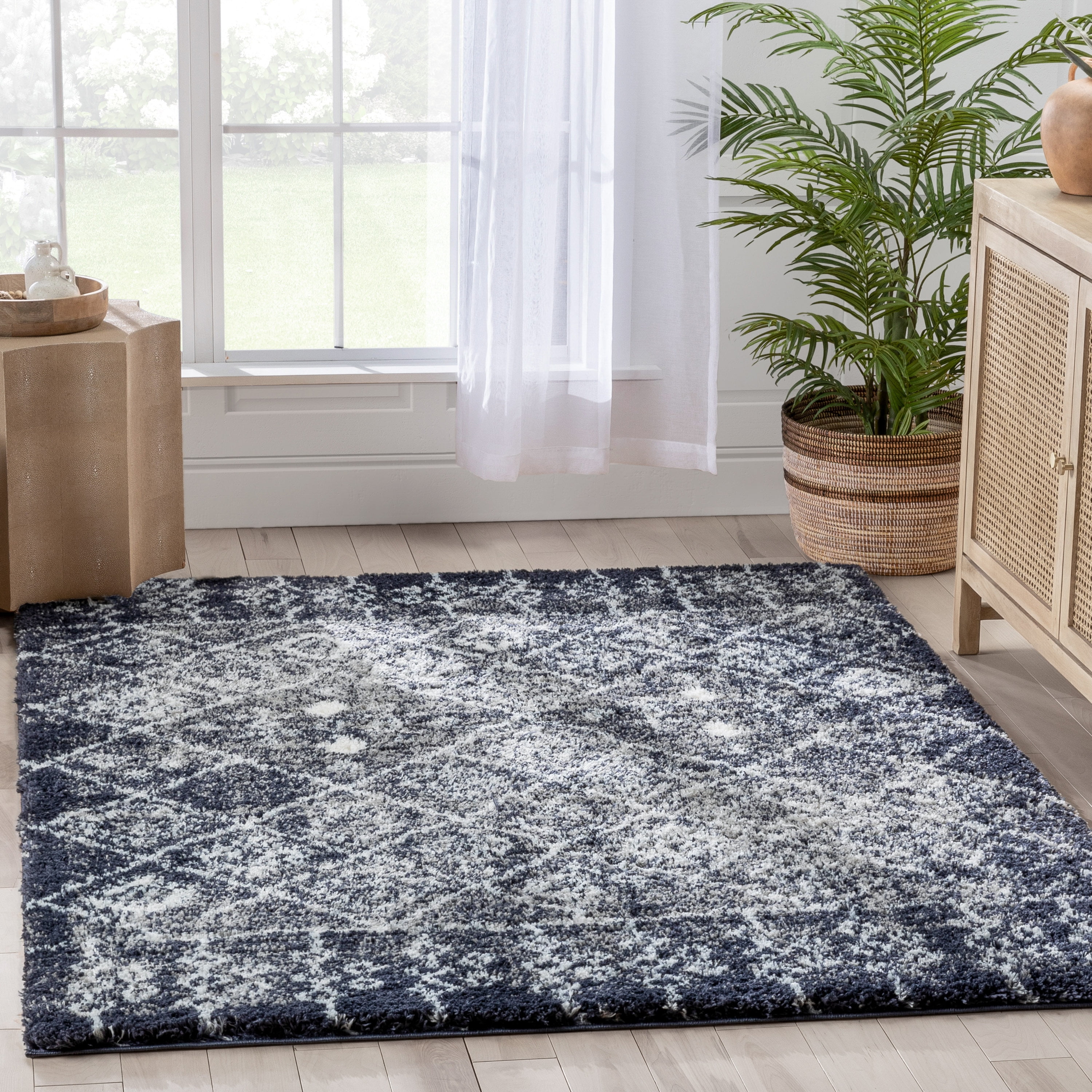 Well Woven Brega 3'11" x 5'3" Blue Geometric Diamond Thick Shag Area ...