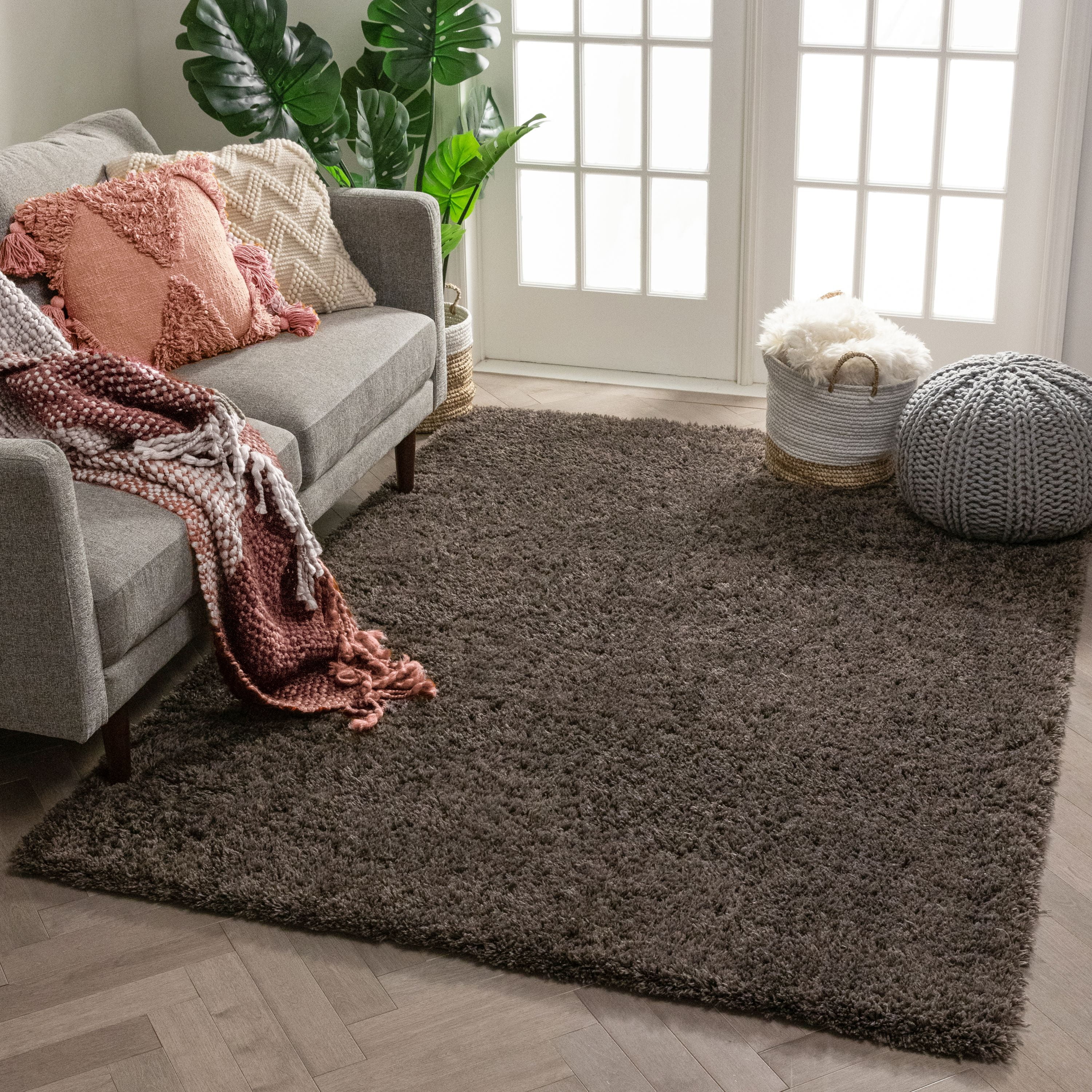 Well Woven Celeste Olympic Modern Solid Shag Peppercorn Grey 3'11" x 5 ...