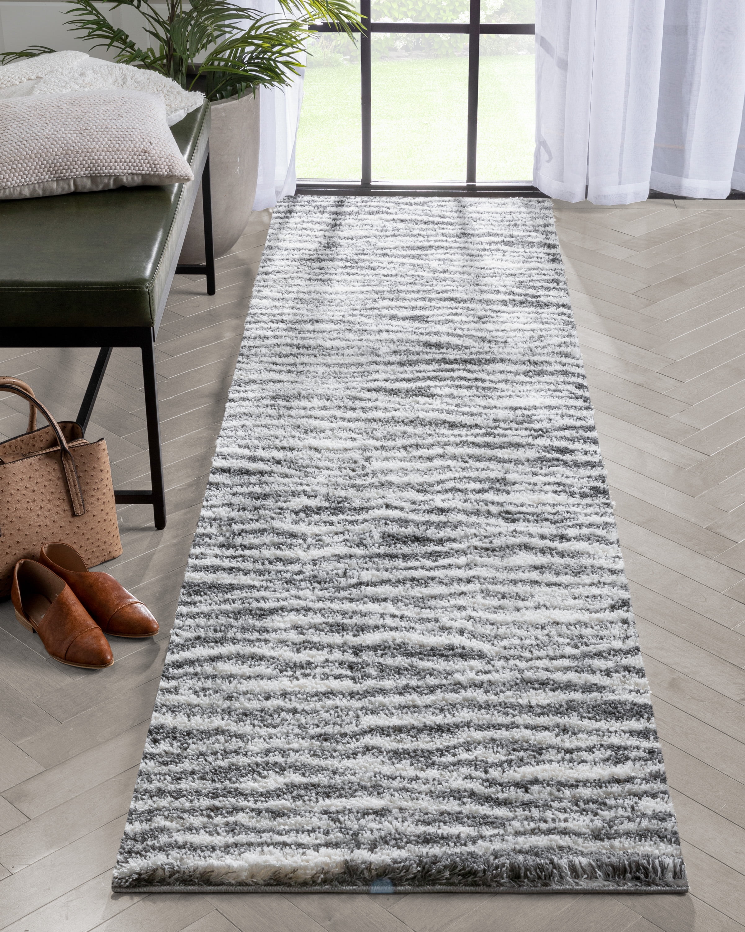 Well Woven Fedor 2'7" x 9'10" Runner Dark Grey Zebra Print Thick Shag ...