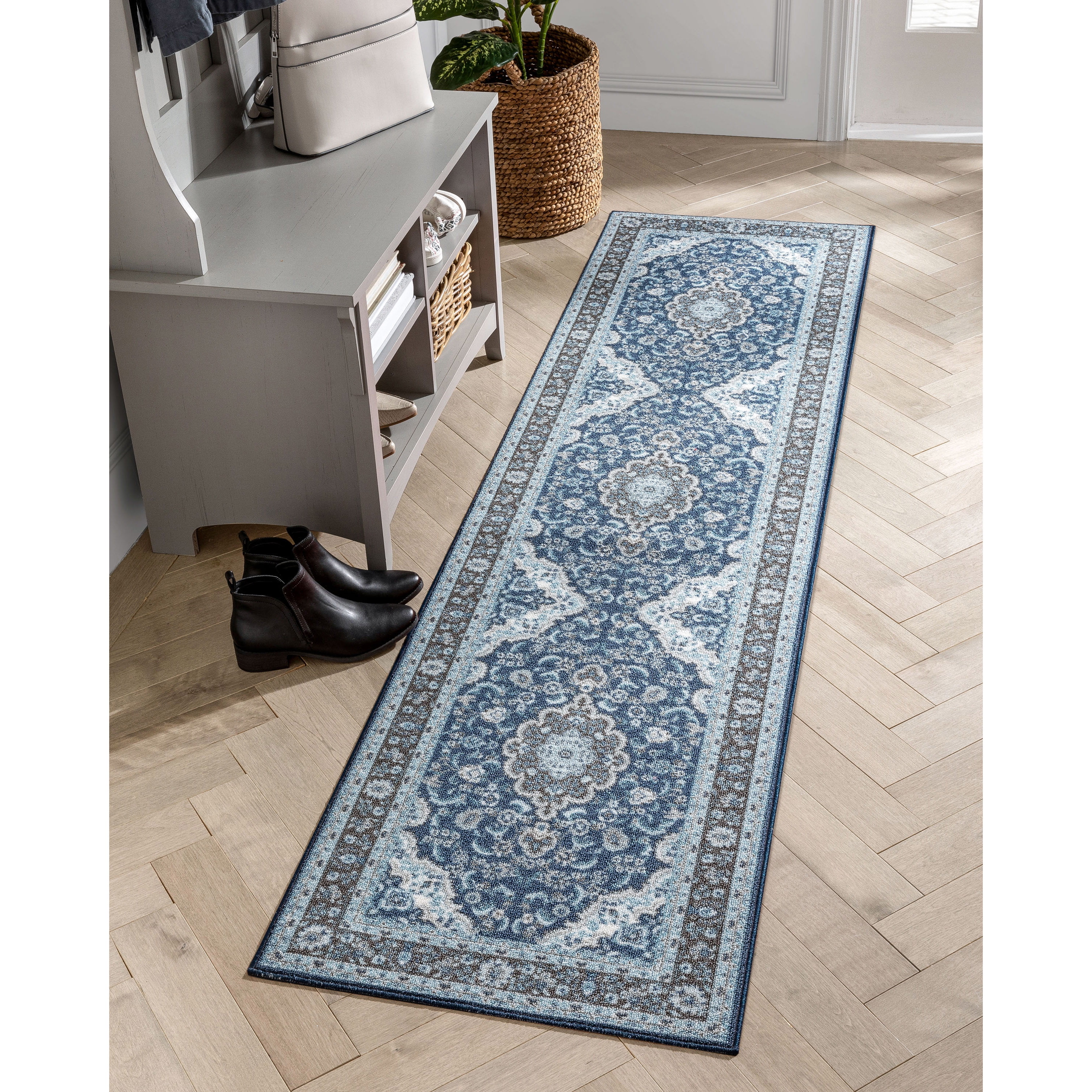 Well Woven Gene Blue Oriental Medallion Non-Slip Rubber Backed Area Rug ...