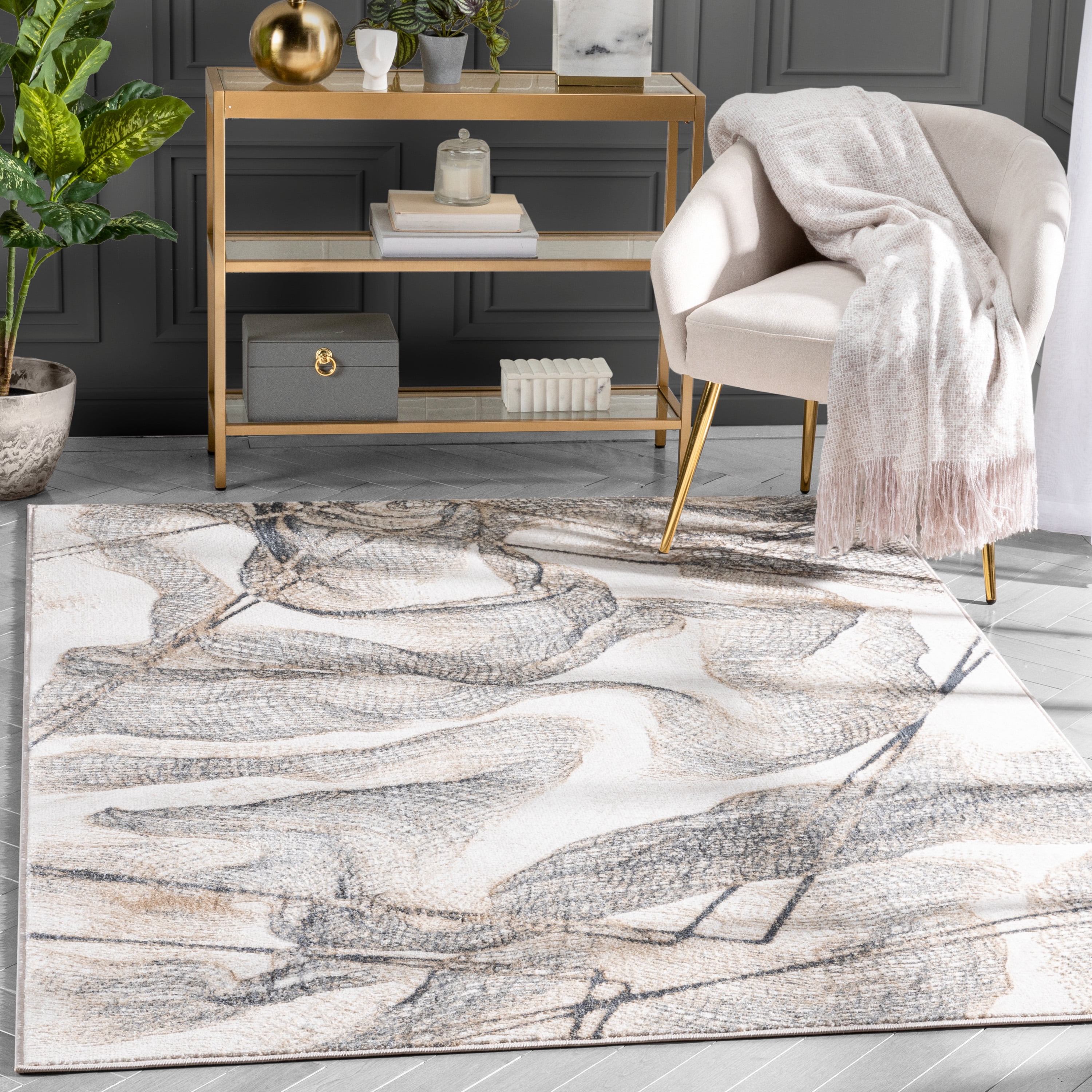 Well Woven Guillon Abstract Ivory Geometric Soft Glam Area Rug (5'3" x ...