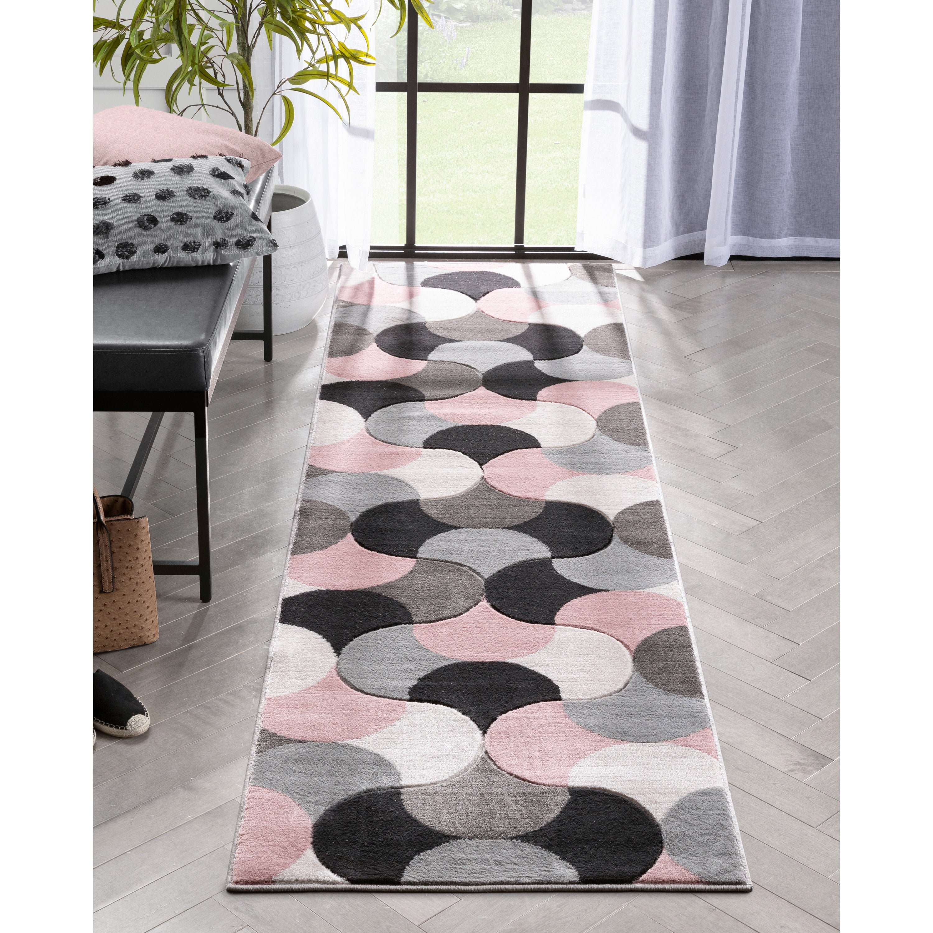Well Woven Hilda Blush Pink Modern Geometric Circles Boxes Runner Rug ...