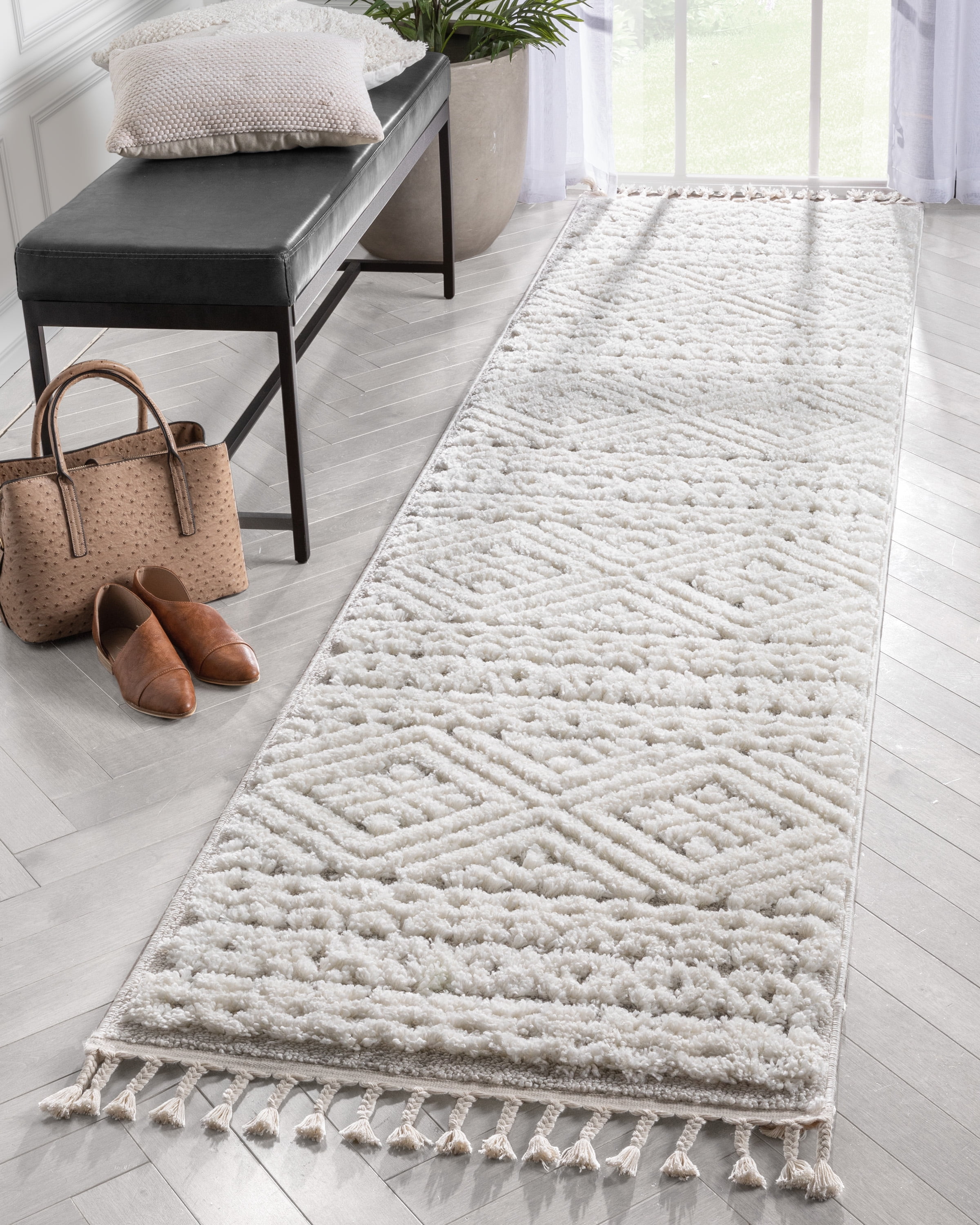 Well Woven Illana Cream Ethnic High-Lo Textured Diamond Runner Rug (2'7 ...