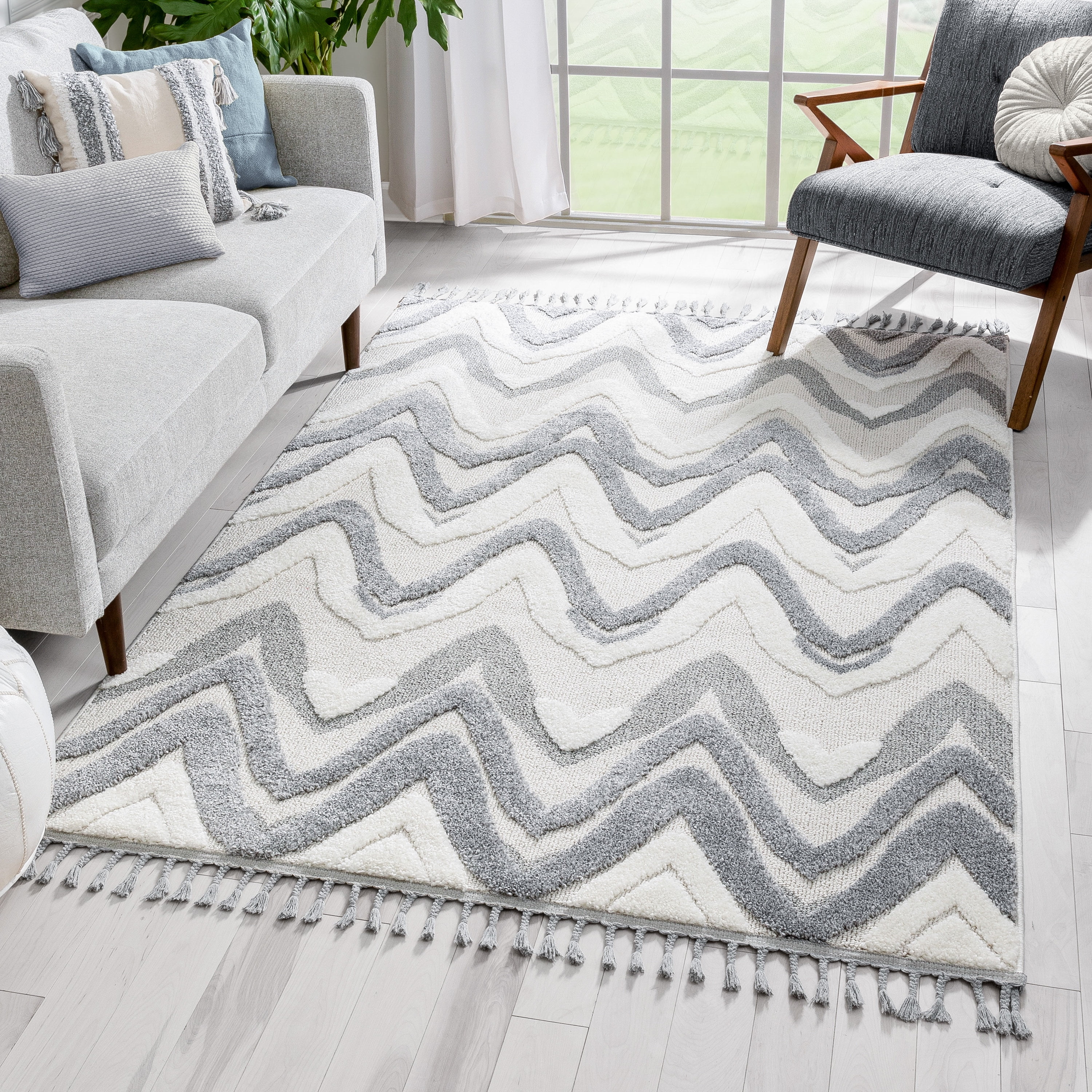 Well Woven Joclynne Cream Grey Wavy Stripes High-Lo Textured Area Rug 5 ...