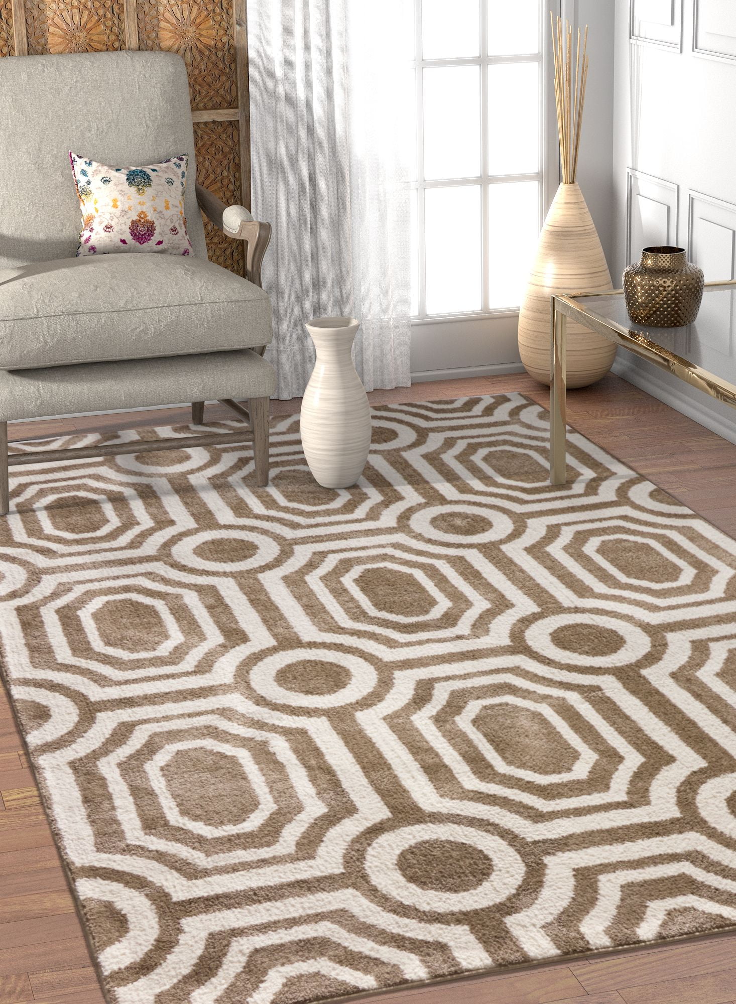 Well Woven KA-42-5 Kasper Leos Beige Modern Mosaic Soft Area Rug - 5 ft ...